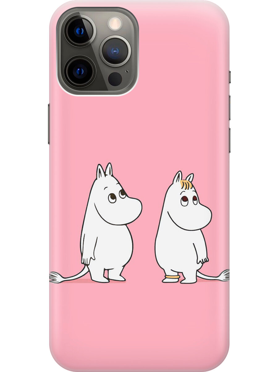Силиконовый чехол на Apple iPhone 12 Pro Max / Эпл Айфон 12 Про Макс с рисунком "Муми-тролли на розовом"
