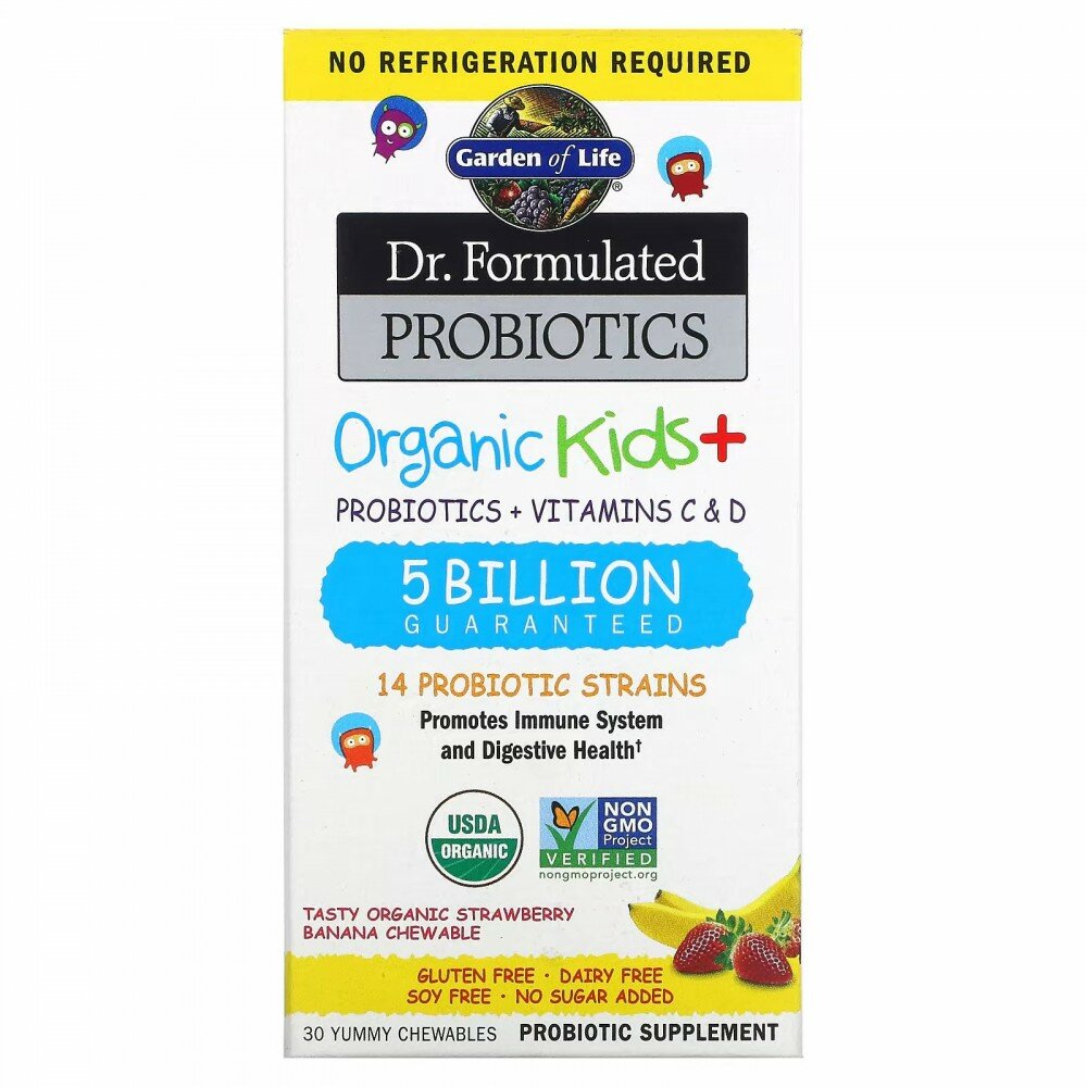 Garden of Life, Компания Dr. Formated Probiotics, органические жевательные таблетки для детей, вкусная органическая клубника и банан, 30 вкусных жевательных таблеток