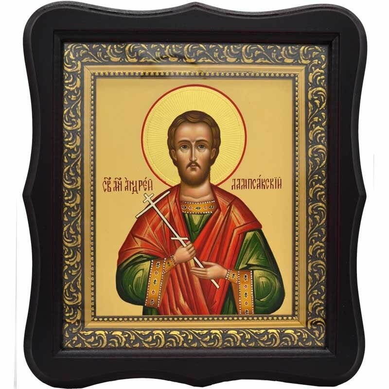 Андрей Лампсакский мученик. Икона на холсте. (17 х 21 см / В деревянном киоте под стеклом).
