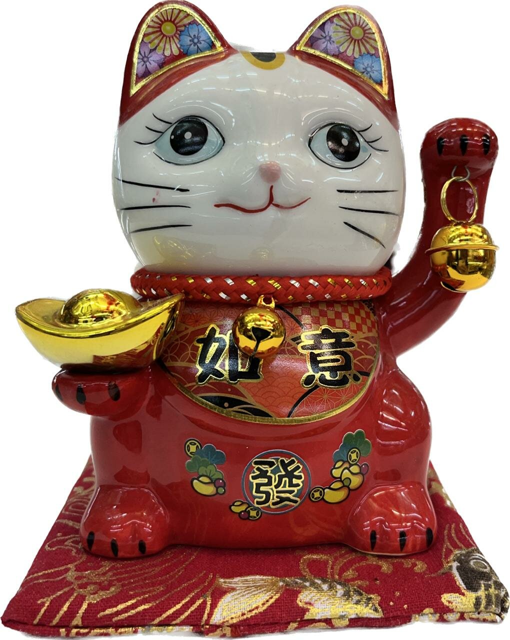 Котик копилка с чашей изобилия 14 см Фарфор премиум, красный (Oxan)