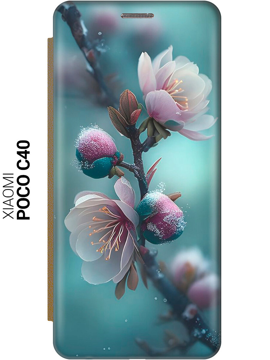 Чехол-книжка на Xiaomi Poco C40 / Сяоми Поко С40 с рисунком "Распускающиеся бутоны" золотой