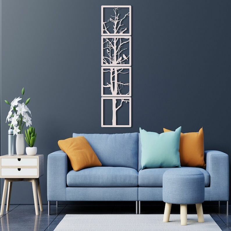 Декоративное металлическое панно, Большое дерево, набор из 4 элементов декора (белый цвет)