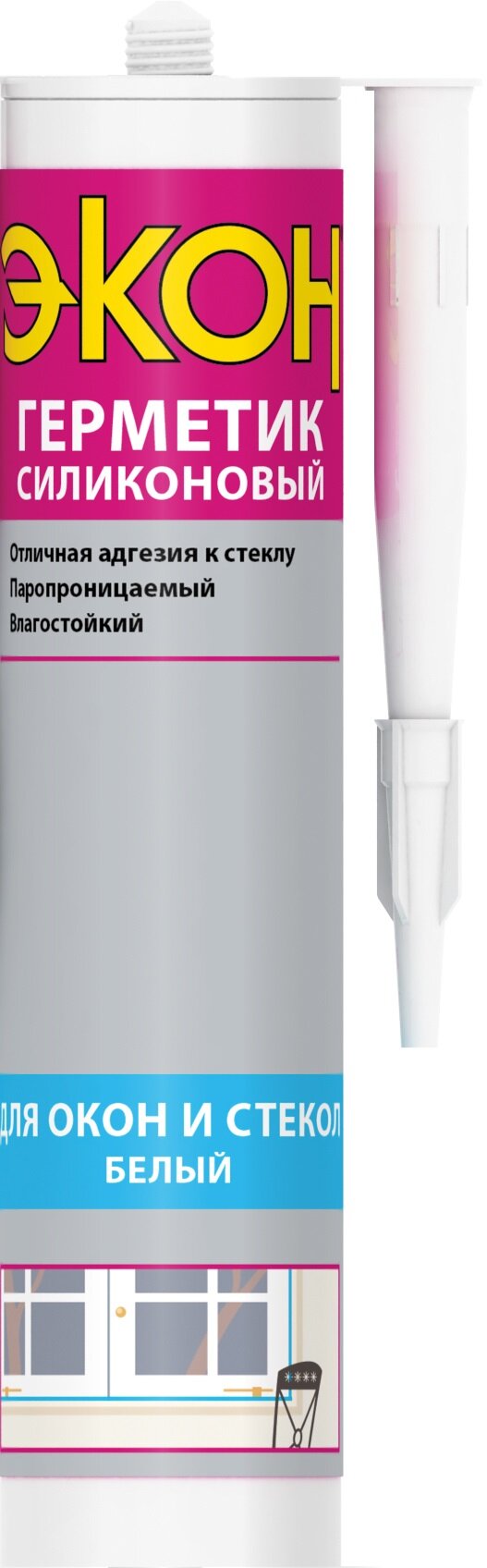 Герметик силиконовый Экон для окон и стекол, 280 мл, белый, 1шт, картридж