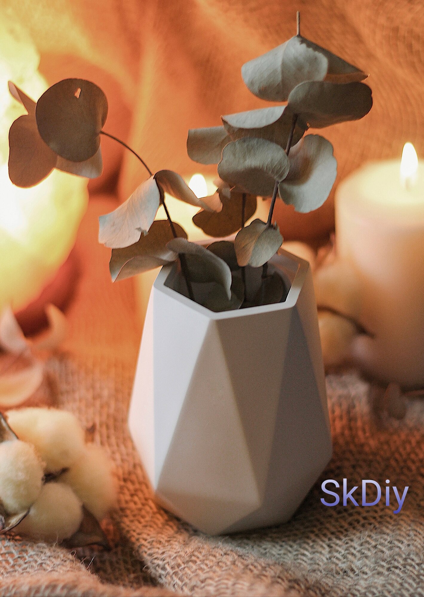 Ваза Шестигранник SkDiy, гипс, для сухоцветов, настольная, конусная, 10 см