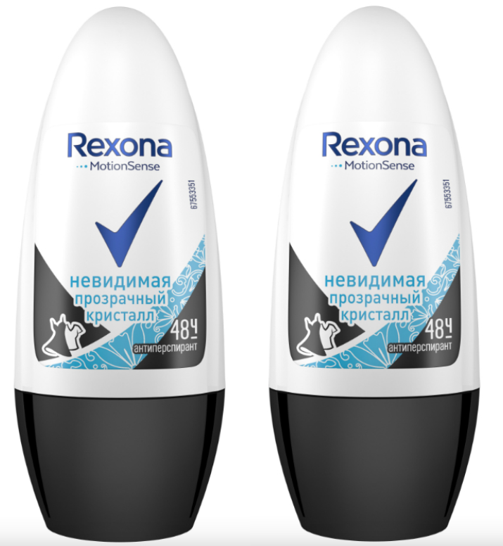Дезодорант-антиперспирант шариковый Rexona Невидимая защита Прозрачный Кристалл, 50 мл, 2 шт