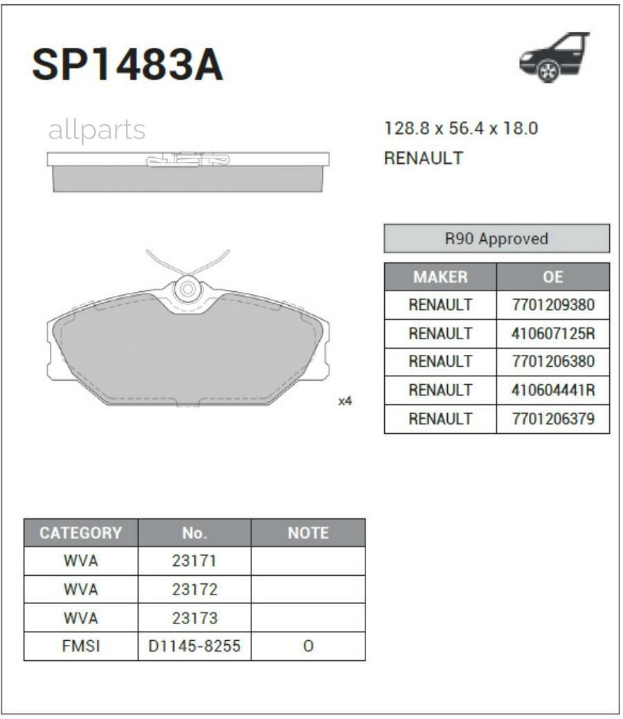 SANGSIN BRAKE SP1483A Колодки передние RENAULT Megane I/Laguna I/Safrane II SANGSIN BRAKE SP1483A