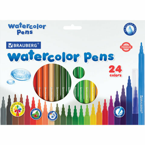 Фломастеры BRAUBERG "PREMIUM", 24 цвета, ультрасмываемые, классические, вентилируемый колпачок, картонная коробка с европодвесом, 151940