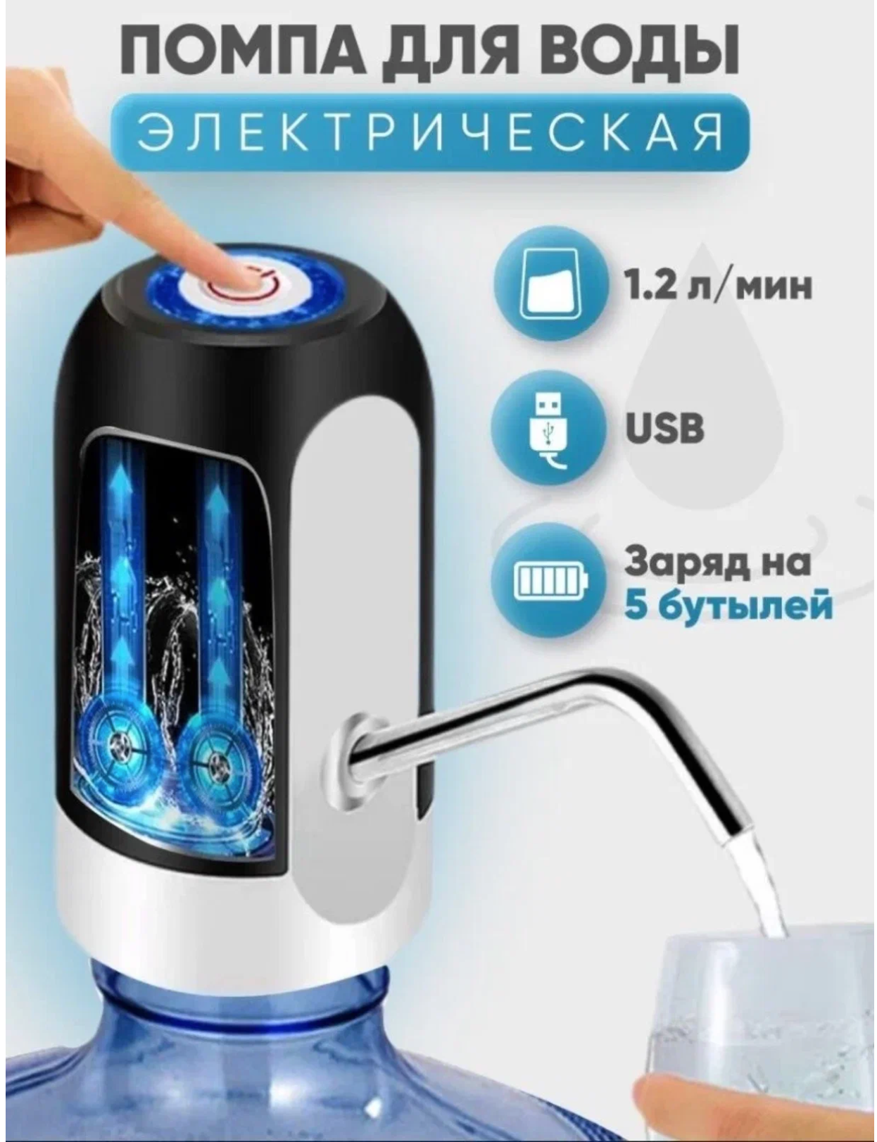 Помпа для воды электрическая для бутыли 19л с аккумулятором и зарядкой USB