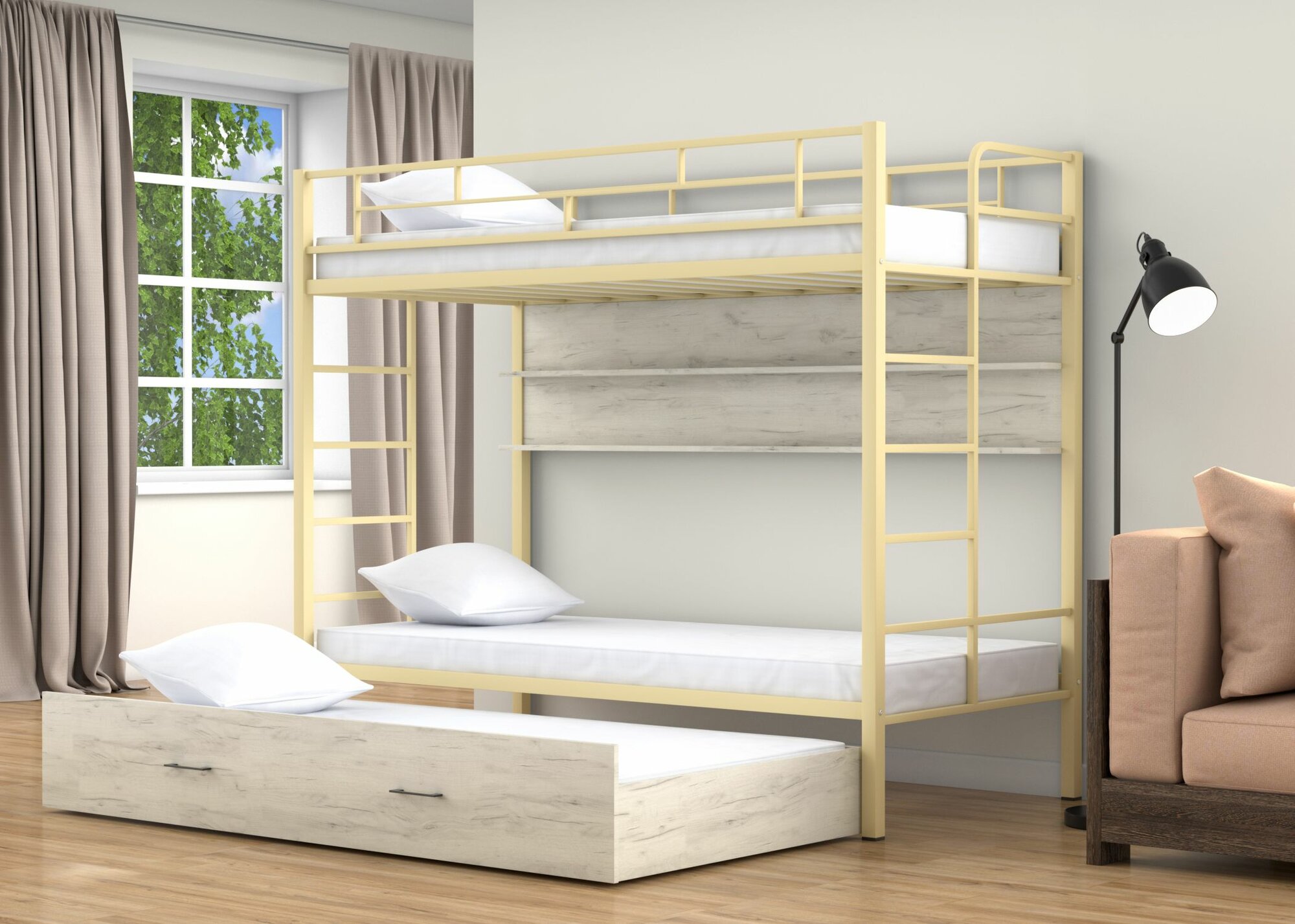 Двухъярусная кровать Валенсия Твист выкатная с полкой Слоновая кость/Дуб крафт белый