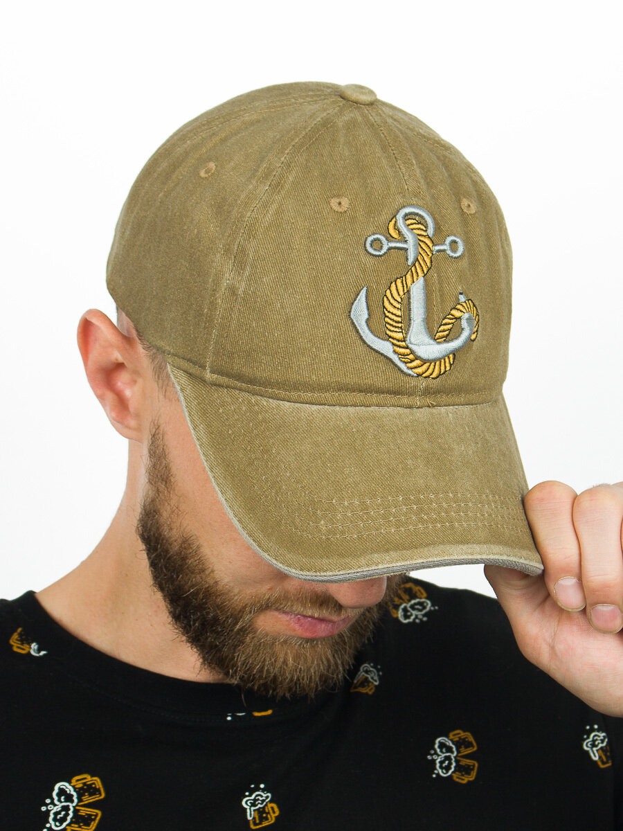 Бейсболка Kamukamu Капитанская бейсболка с якорем потертая джинсовая цвет бежевый для мужчин