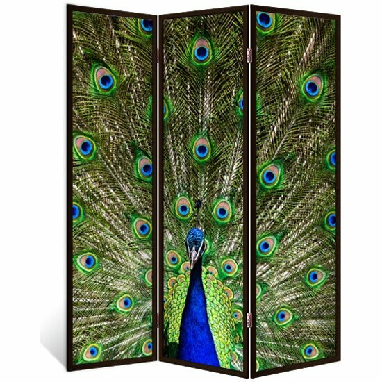 Ширма перегородка Декор Депо для комнаты деревянная "Павлин" двухсторонняя с картинкой (уют) 3 створки венге 176х140 см 11 кг