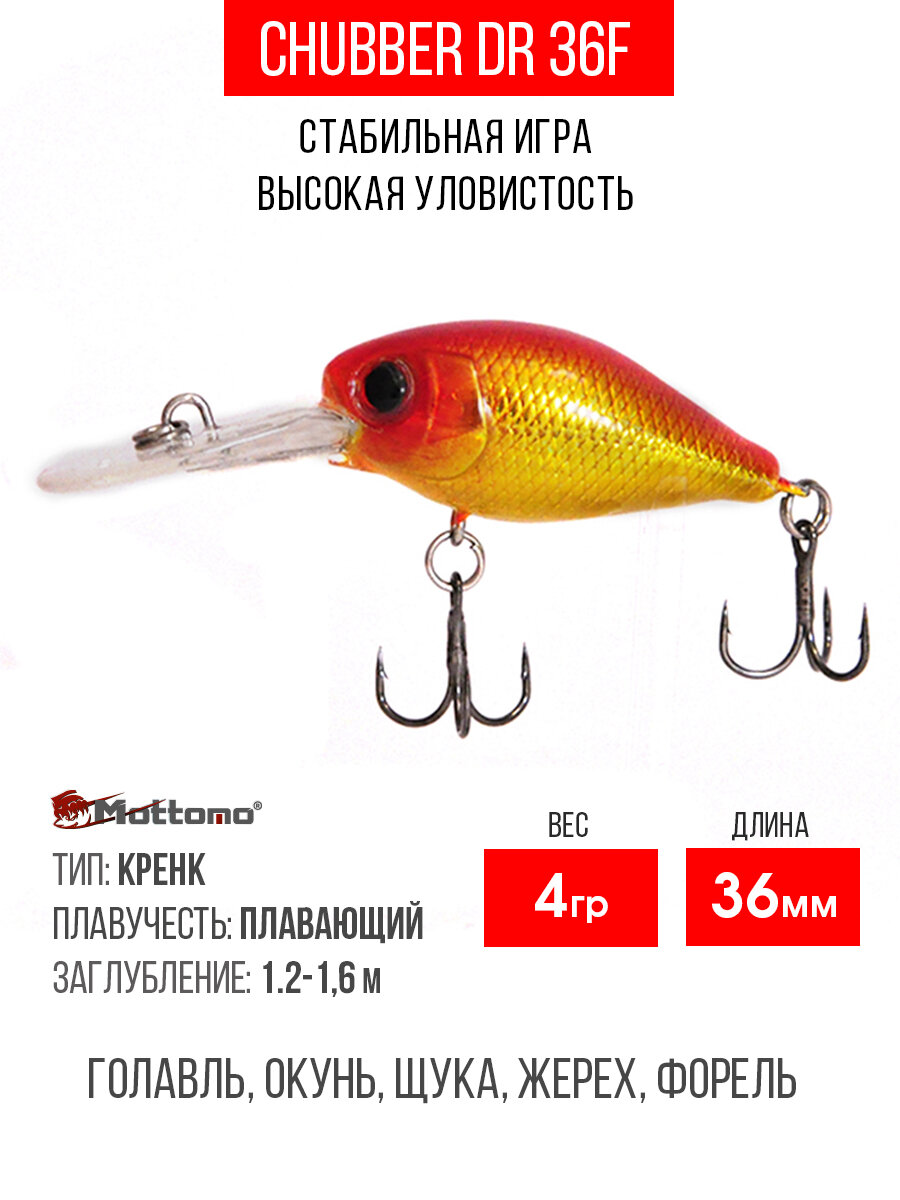 Воблер для рыбалки Mottomo Chubber DR 36F 4g кренк плавающий для спиннинга, троллинга. Приманка на язя, щуку Orange Gold