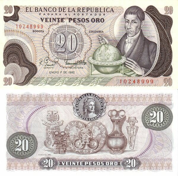 Колумбия 20 песо 1966-1983 Франсиско Хосе де Кальдас UNC