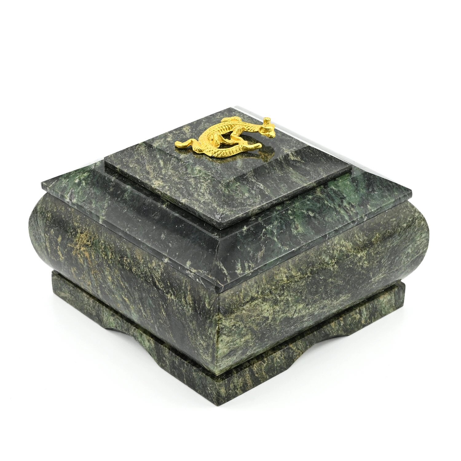 Шкатулка из змеевика с ящерицей большая "Мономах" 100*100*65мм .