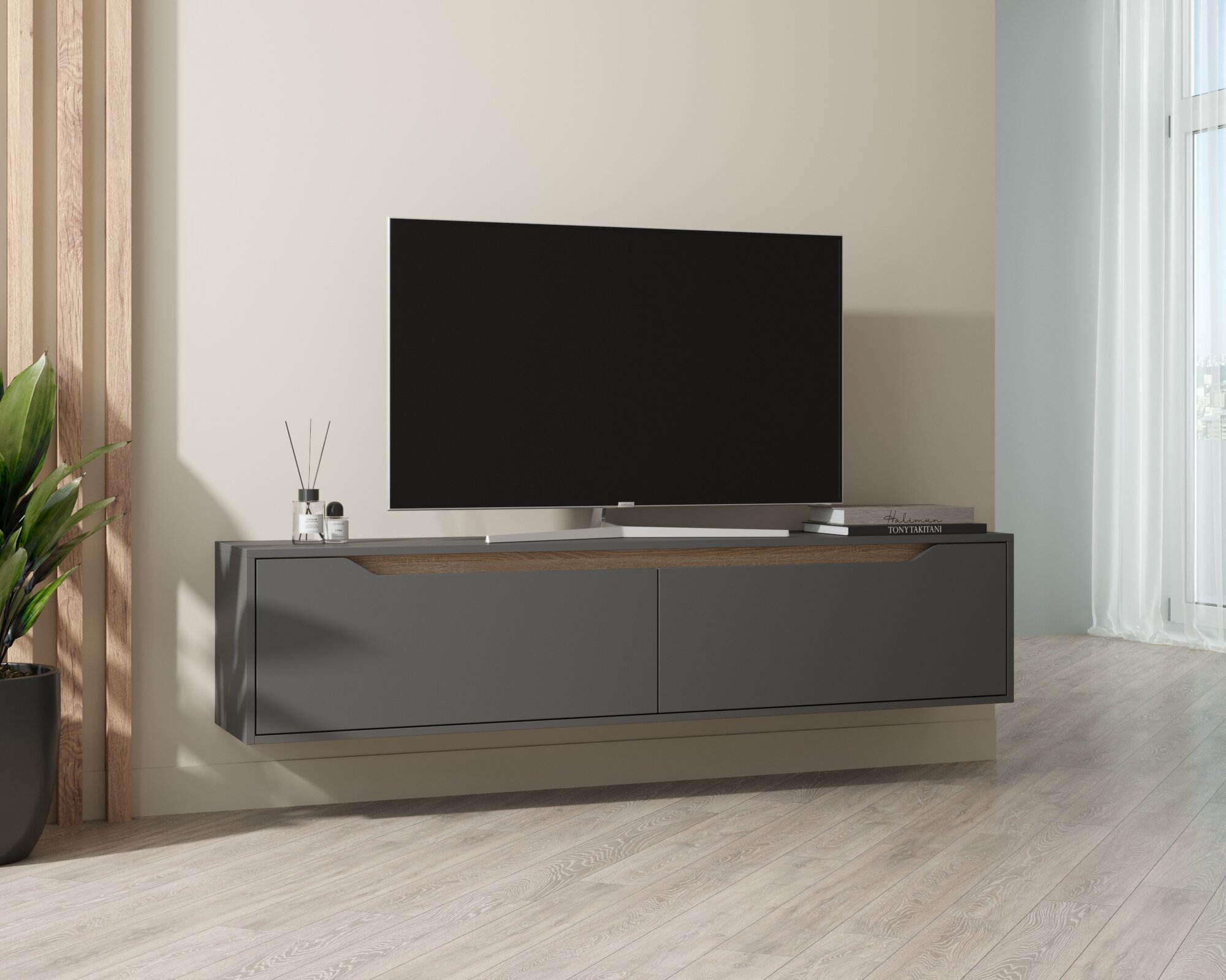 Тумба ТВ подвесная Мебель на Руси "Берн 2" 160х35х30, серый графит