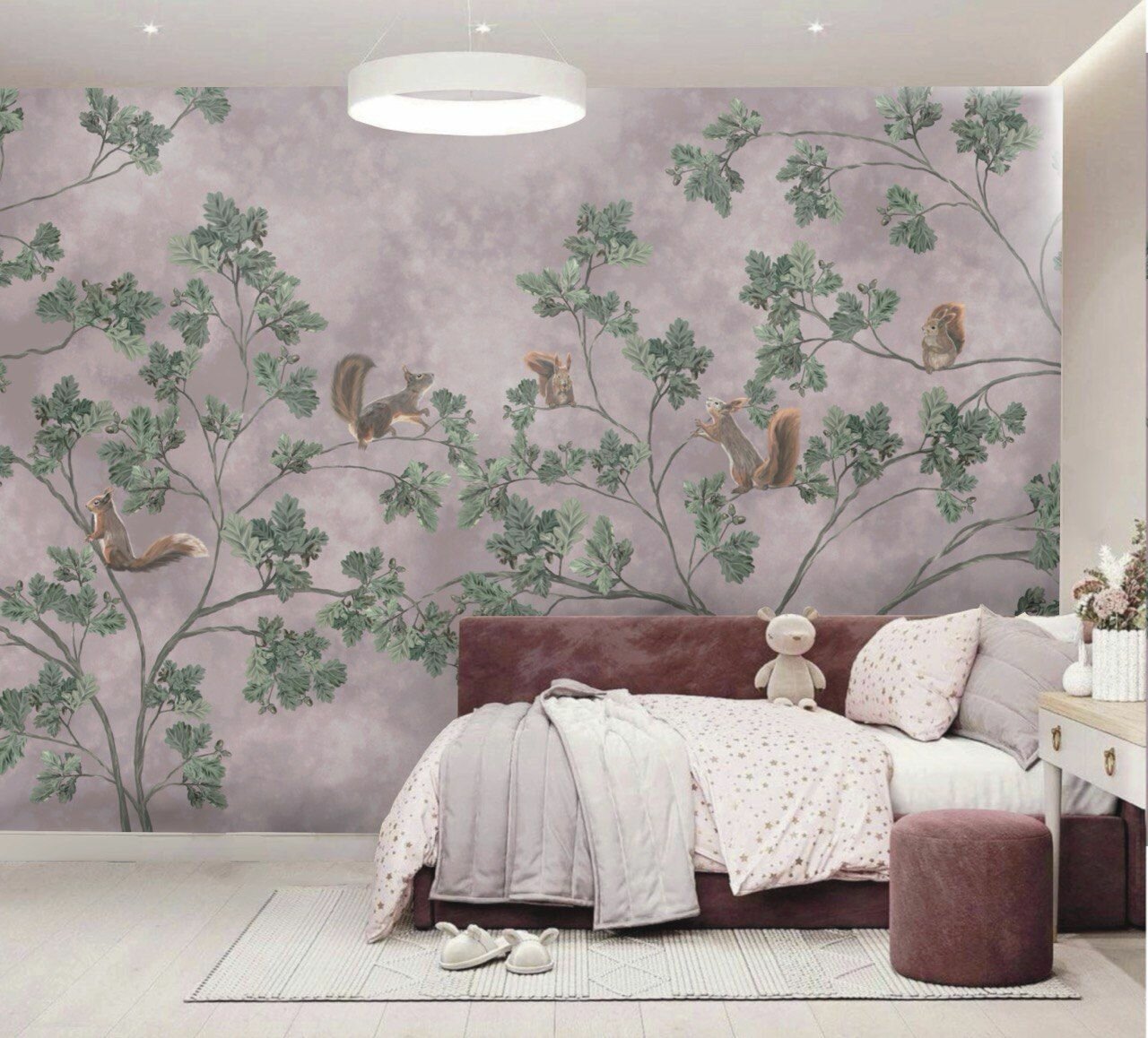 Фреска бесшовная "Белочки" пудровый розовый (ширина 2750мм х длина 2500мм)