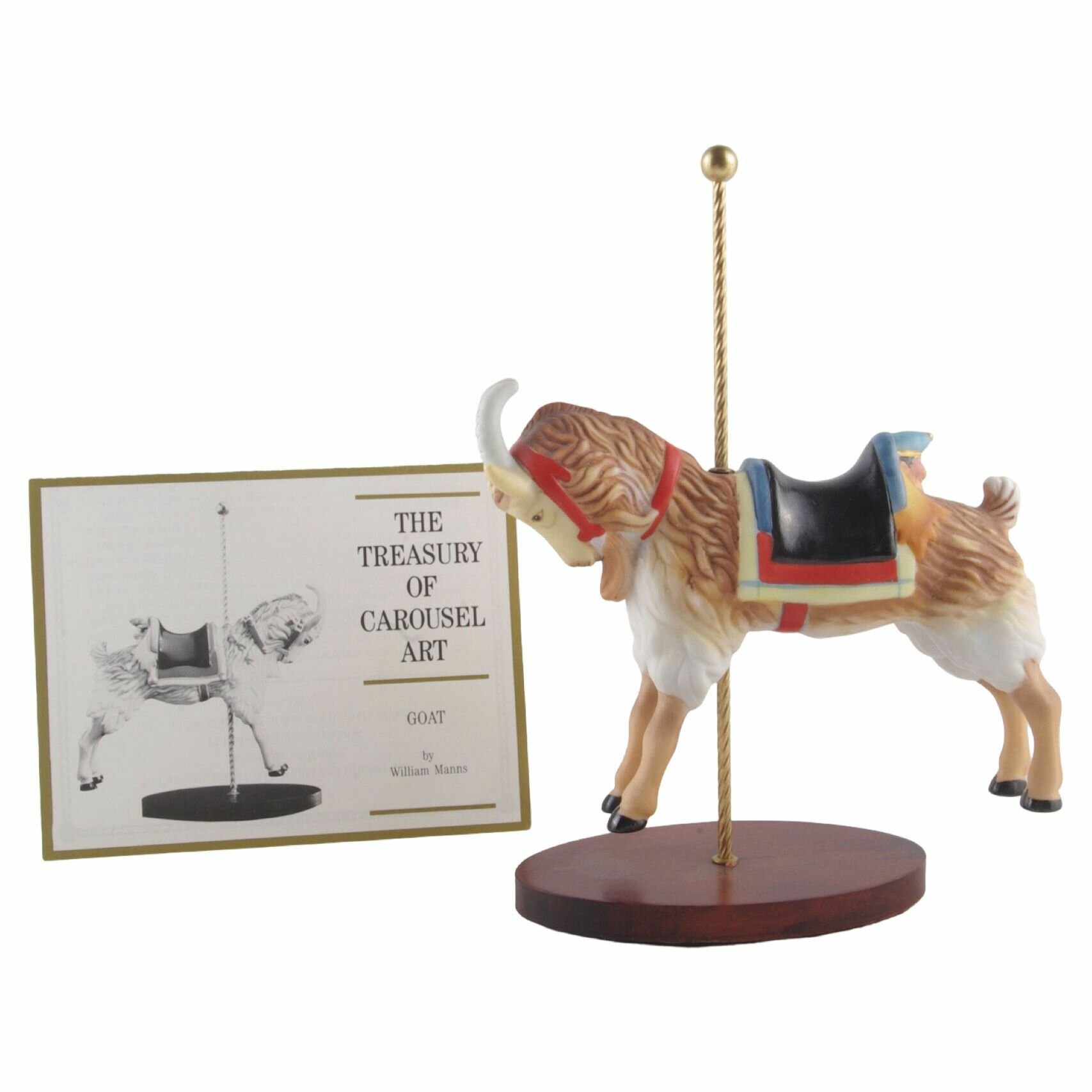 Винтажная коллекционная статуэтка "Карусель. Козлик" из серии "Сокровищница карусельного искусства". Бисквитный фарфор, роспись, металл, дерево. The Franklin Mint, США, 1988 год