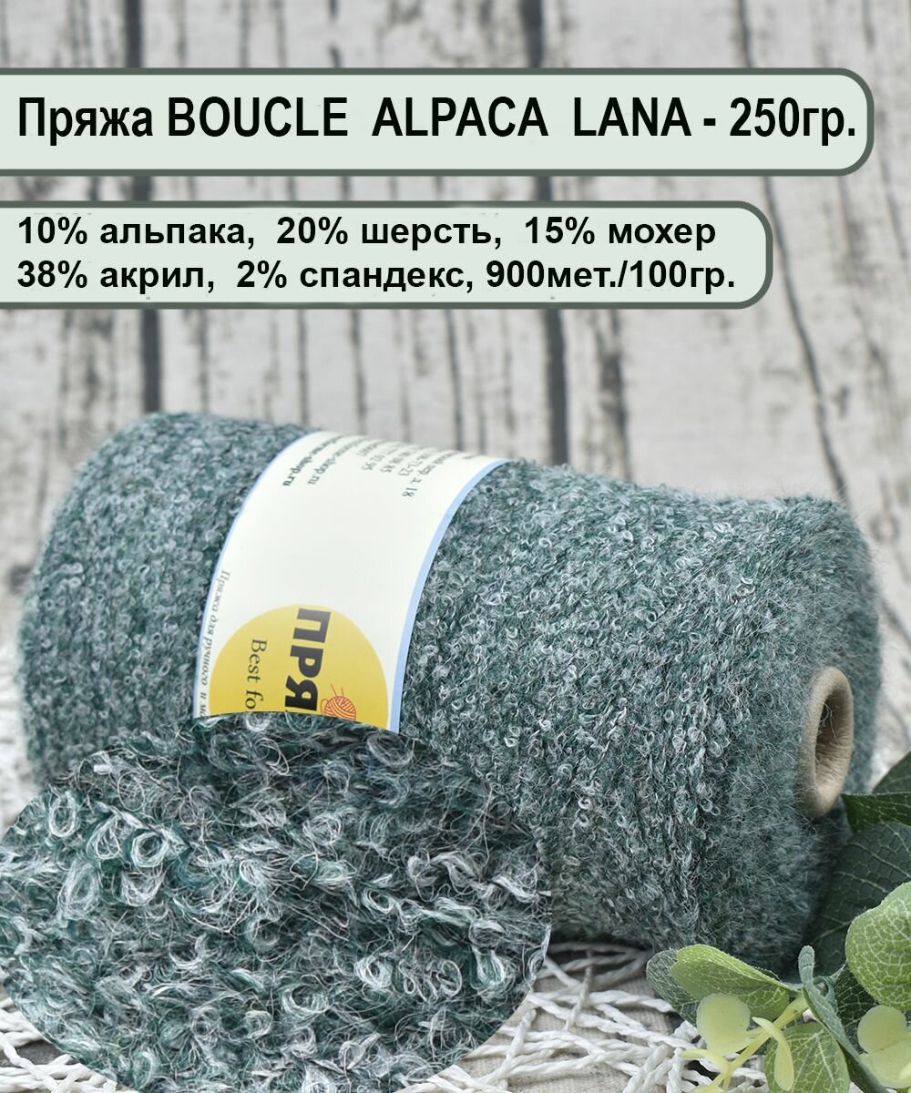 Пряжа BOUCLE ALPACA LANA 10 альпака, 20 шерсть, 15 мохер, 15 нейлон, 38 акрил, 2 спандекс 100гр./900м цв.46 зелено-серый (250гр.)