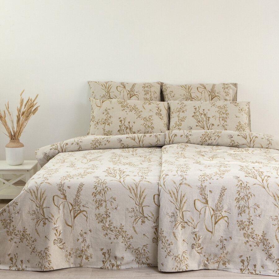 Льняное умягченное постельное белье Семейное Луг, наволочки 50х70 и 70х70 см.