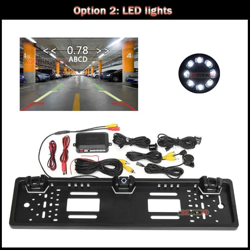 Koorinwoo без дрели! Парктроник с рамкой номерного знака ЕС, держатель датчиков 8 LED Lights