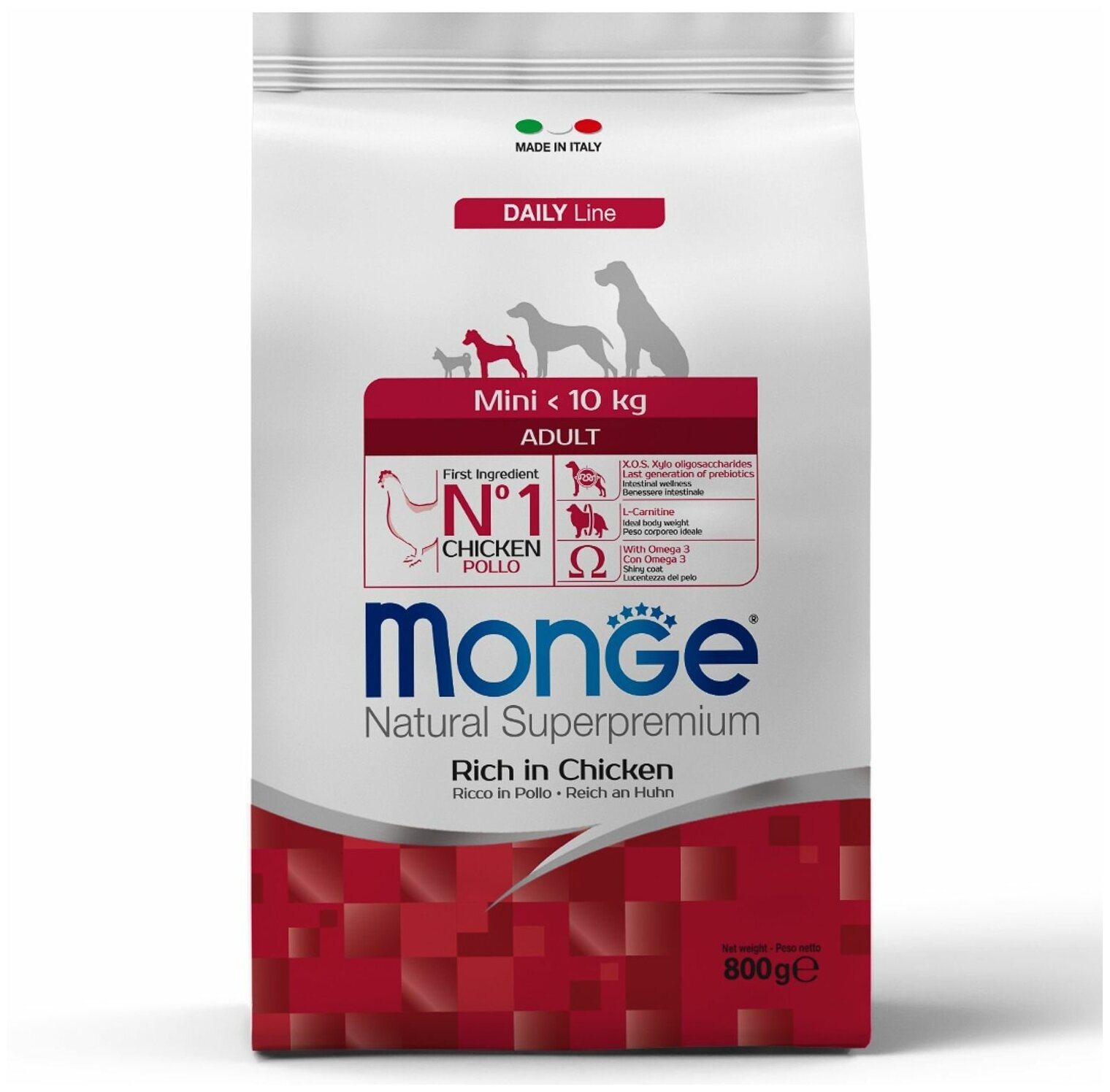 Сухой корм Monge mini adult, для мелких пород, курица с рисом 800 г