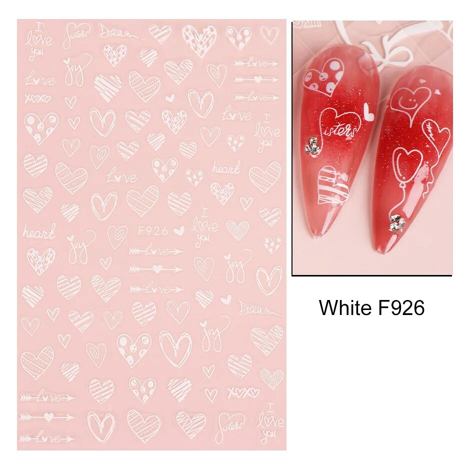 1PCS New Black White Love Heart English Alphabet Nail Art Sticker Nail Decoration Decal DIY Valentine's Day 3D Adhesive Stickers