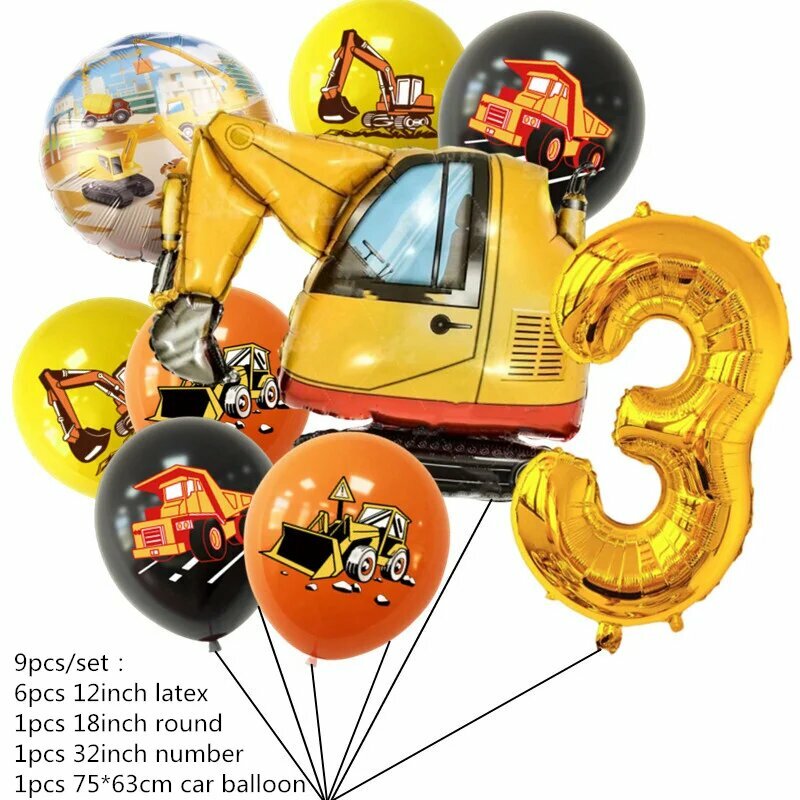 9 шт, латексные шары для строительной машины, экскаватор, кран, воздушные шары с номером для мальчиков, украшения для дня рождения, подарки Sup