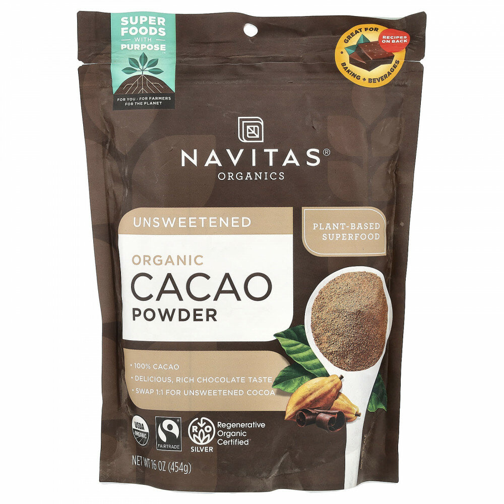 Navitas Organics, органический порошок какао, несладкий, 454 г (16 унций)
