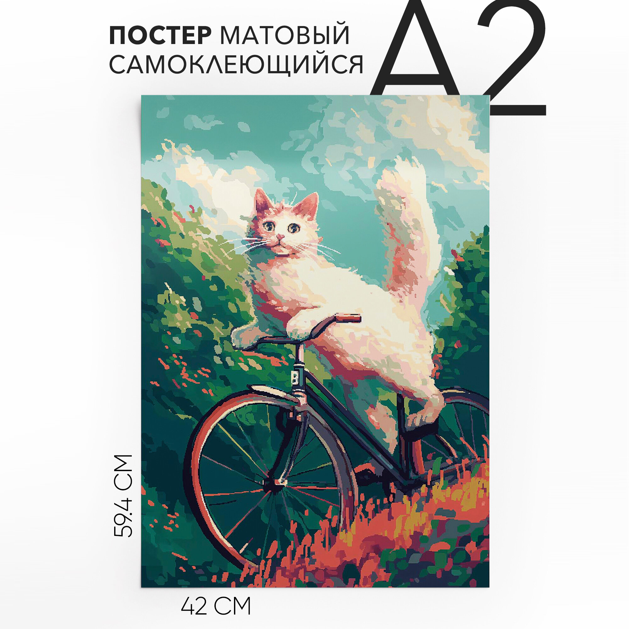 Постер настенный самоклеящийся, большой A2 Кот на велосипеде, влагостойкий, для декора