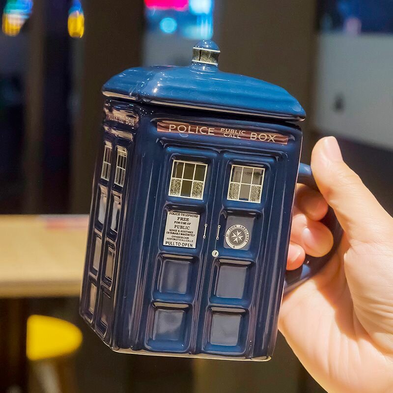 Кружка "тардис", керамика, 500мл, с крышкой, синяя, на подставке