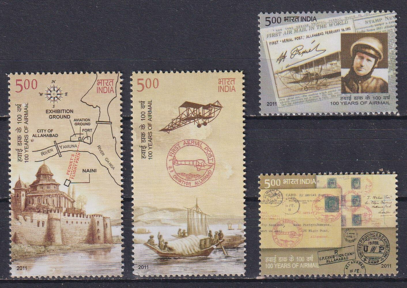 Почтовые марки Индия 2011г. "100-летие авиапочты - Международная выставка филателии INDIPEX 2011, Нью-Дели" Самолеты, История почты MNH