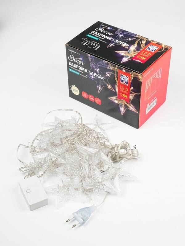 Гирлянда Бахрома «Арка» (с насадками-звездами) ICLD136WW-C-ST 136LED 2.5х1.2м 8режимов IP20 тепл. бел. SHLights 4690601054234