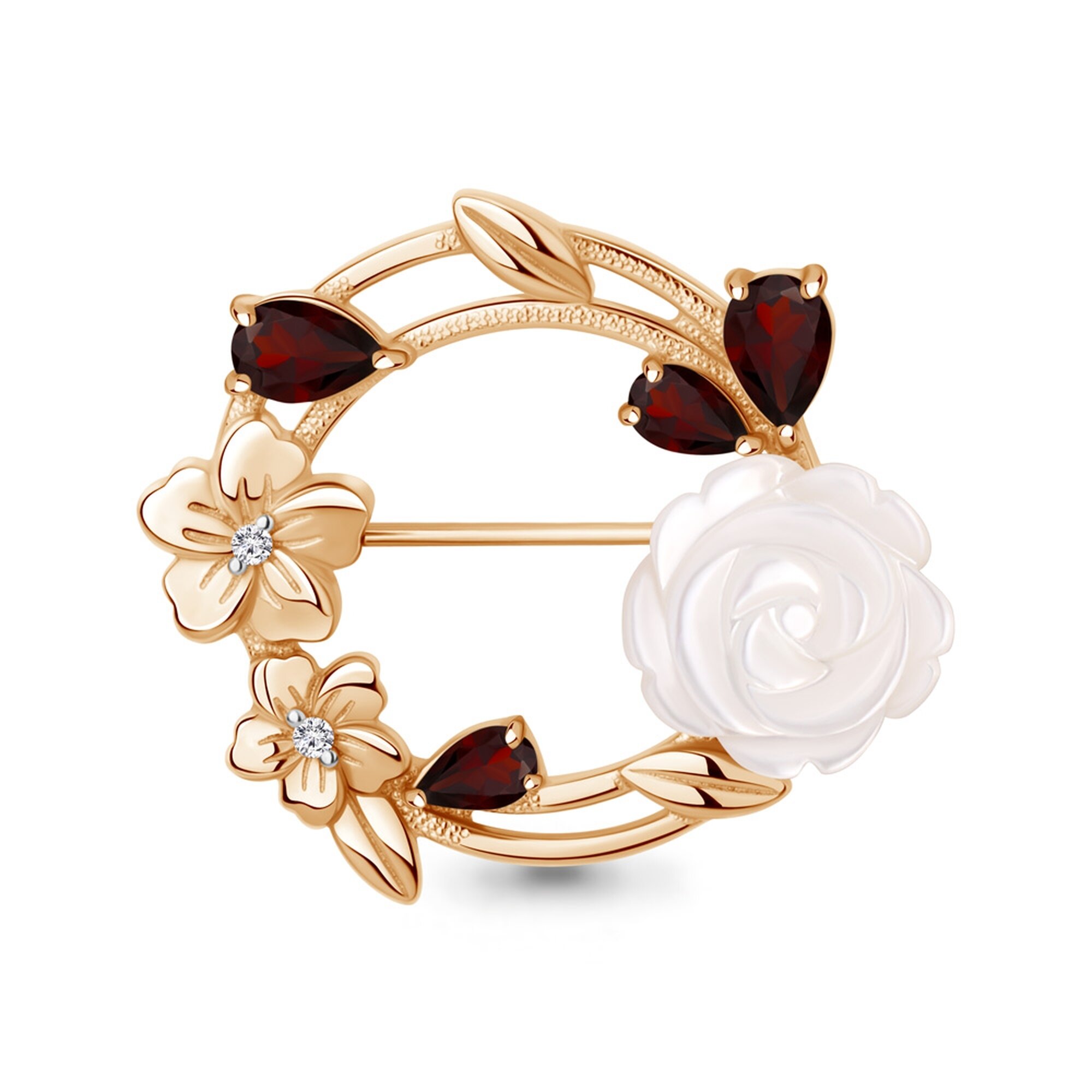 Брошь, серебро, 925 проба, золочение, гранат, перламутр, фианит