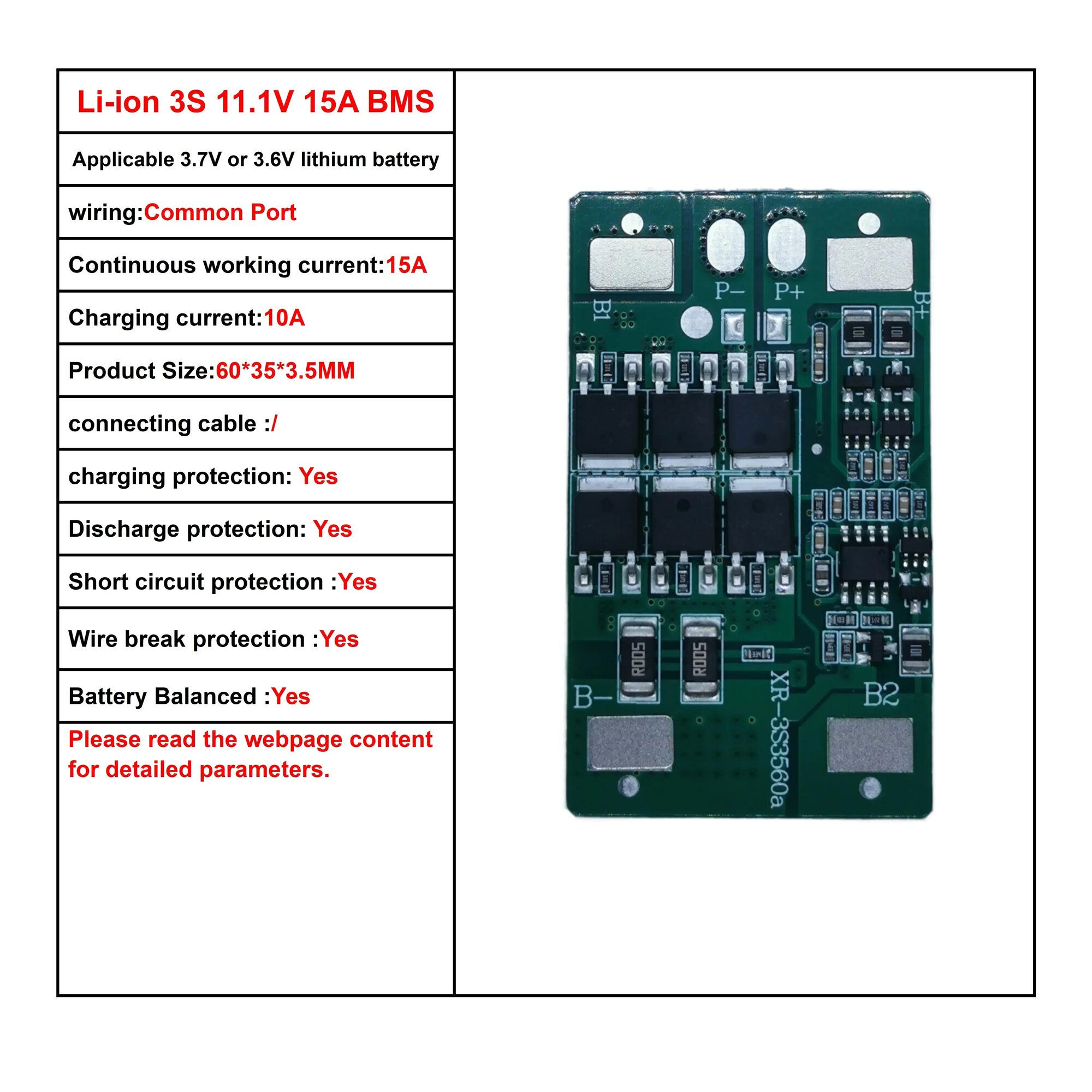 BMS 3S 11.1V 15A Li-ion Батарея с Балансировкой