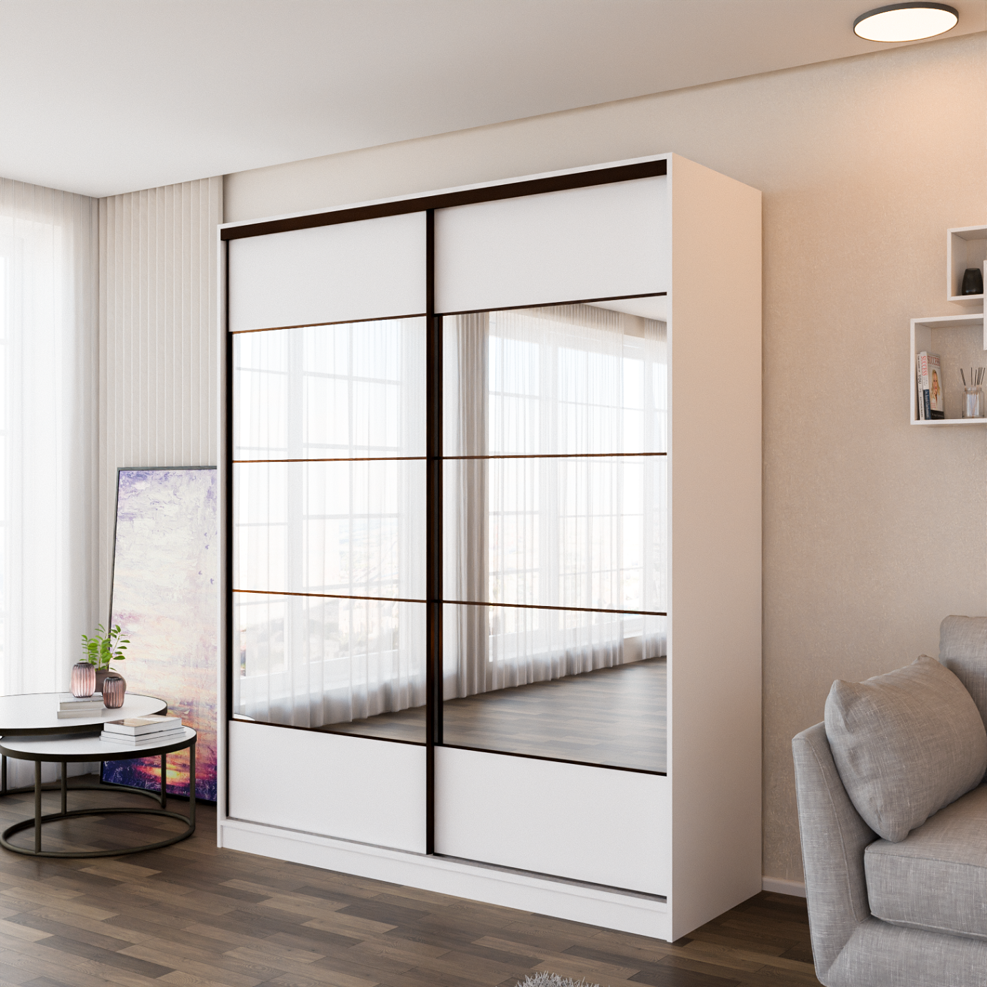 Шкаф - купе Валенсия | Корпус ЛДСП Белый/Фасад ЛДСП Белый + зеркала через разделитель | Профиль бронза