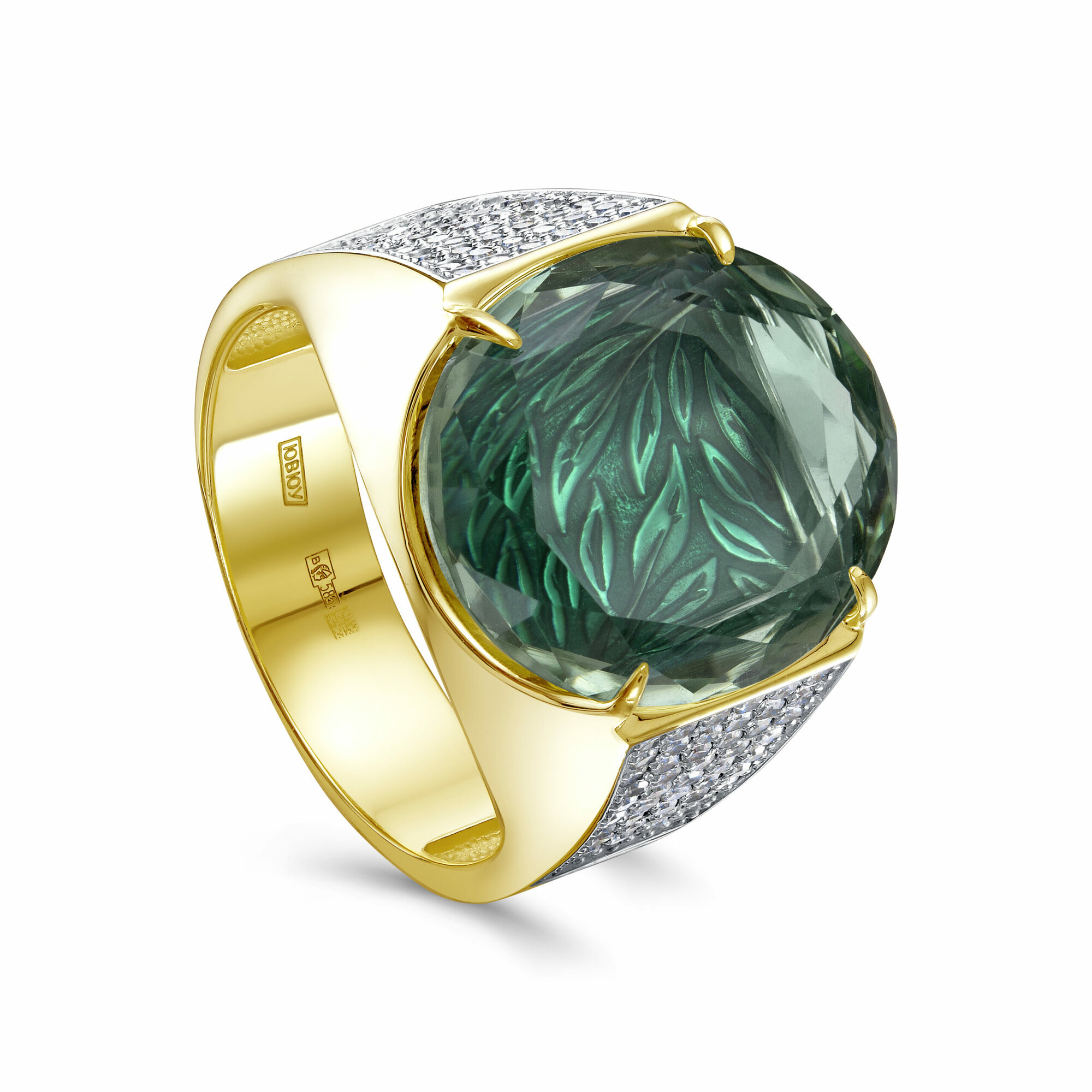 Кольцо, желтое золото, 585 проба, празиолит, бриллиант