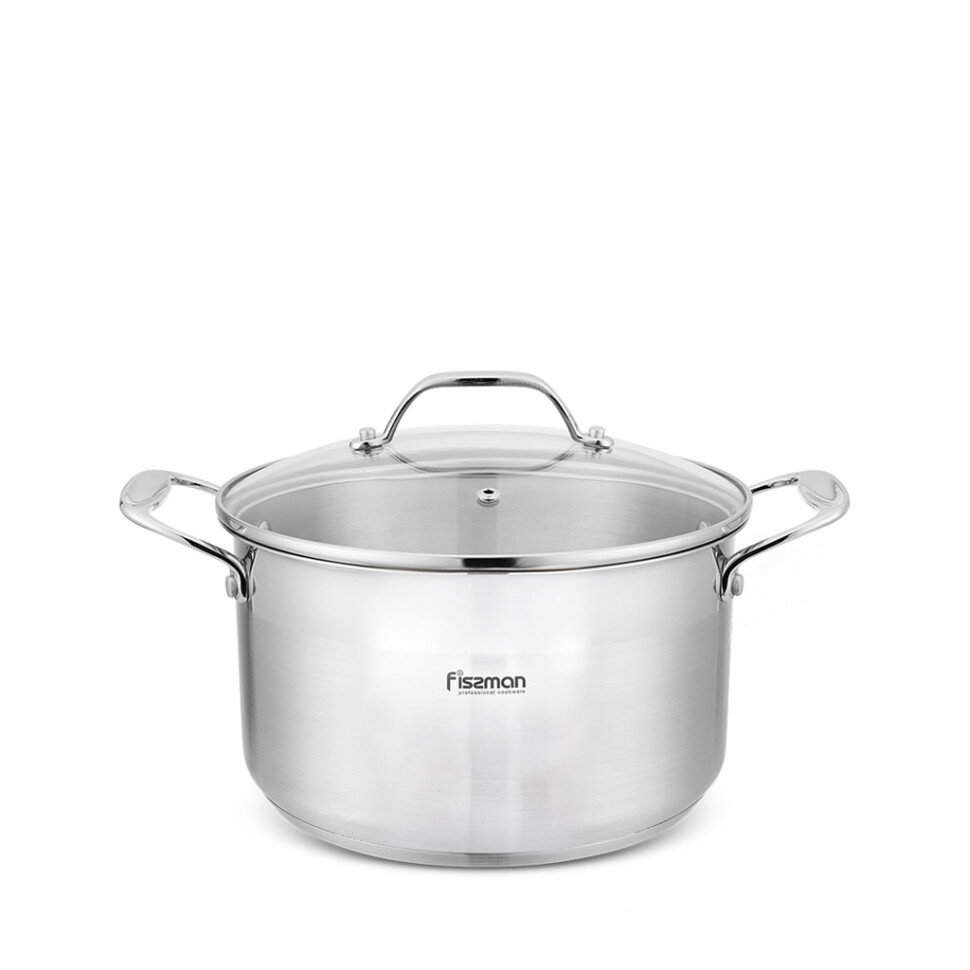 5477 FISSMAN Кастрюля PLATINO 3,3л / 20x11,5 см с крышкой (нерж. сталь) Ручки-нерж. сталь; Крышка-стекло; Индукция; Термоаккумулирующее многослойное дно.