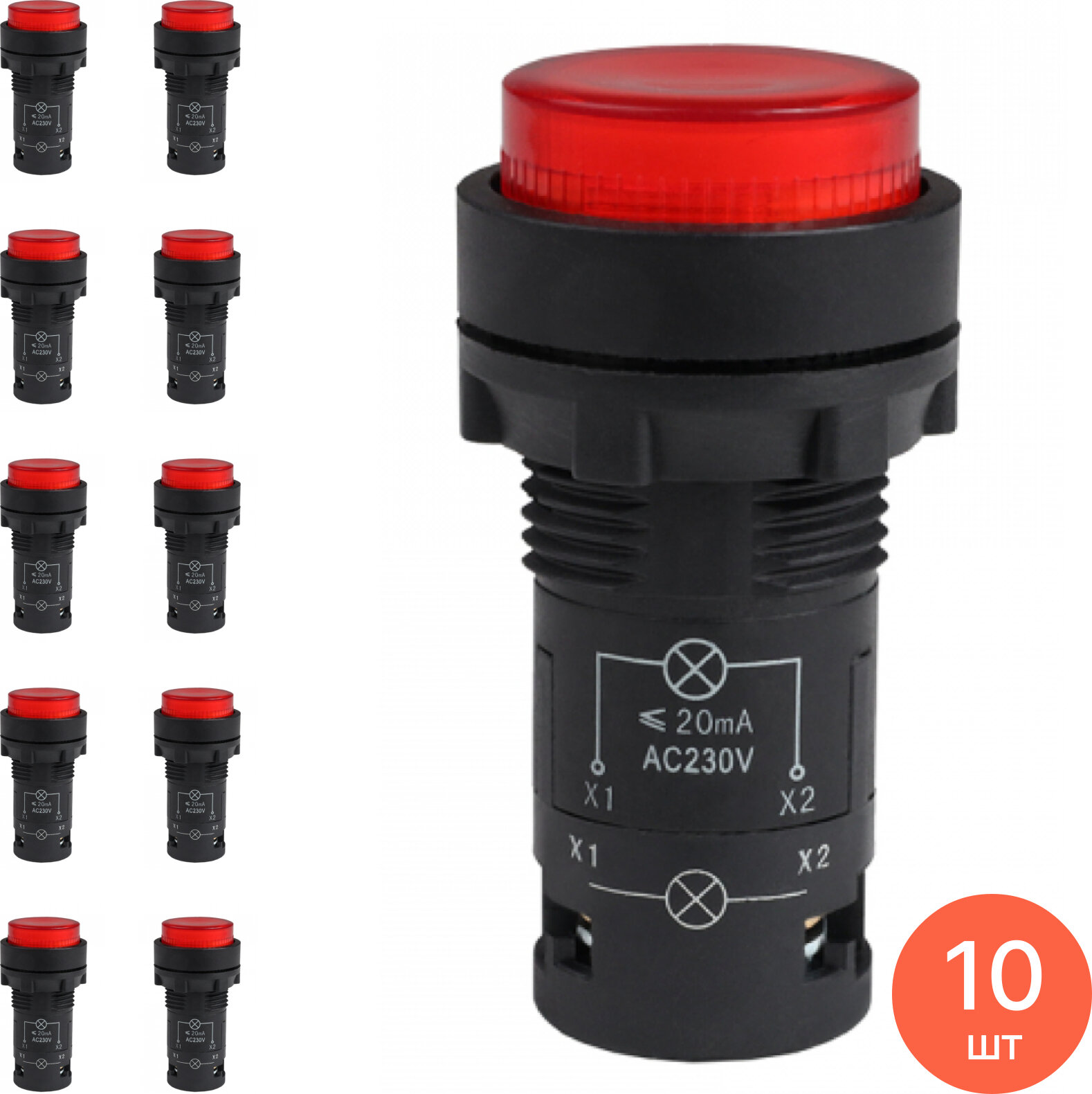 Кнопка управления КЭАЗ OptiSignal Compact D22 С7-PL-M410, красная с подсветкой, 1НО 230В AC XB7NW34M1, 362096 / кнопочный пост (комплект из 10 шт)