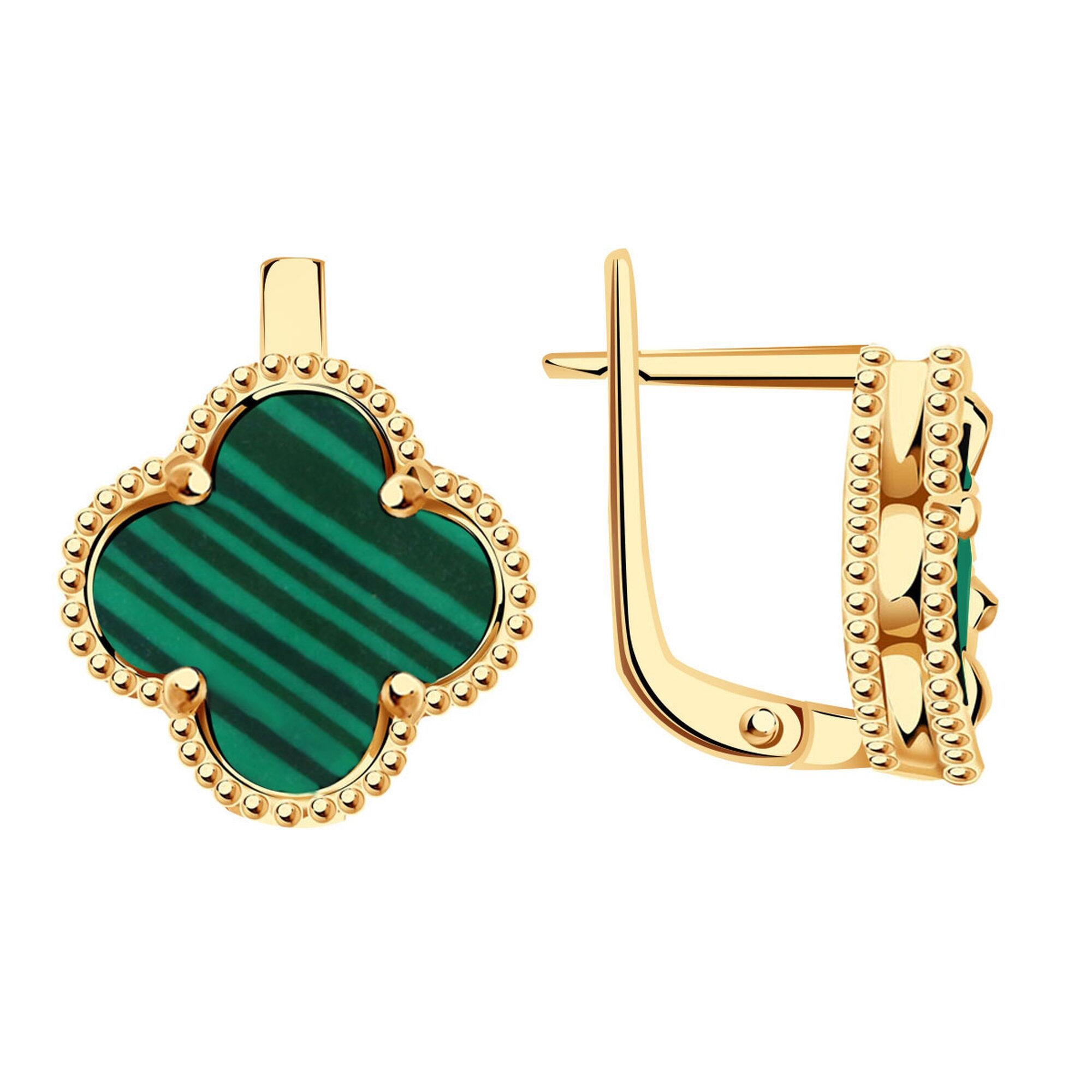 Серьги, красное золото, 585 проба, малахит