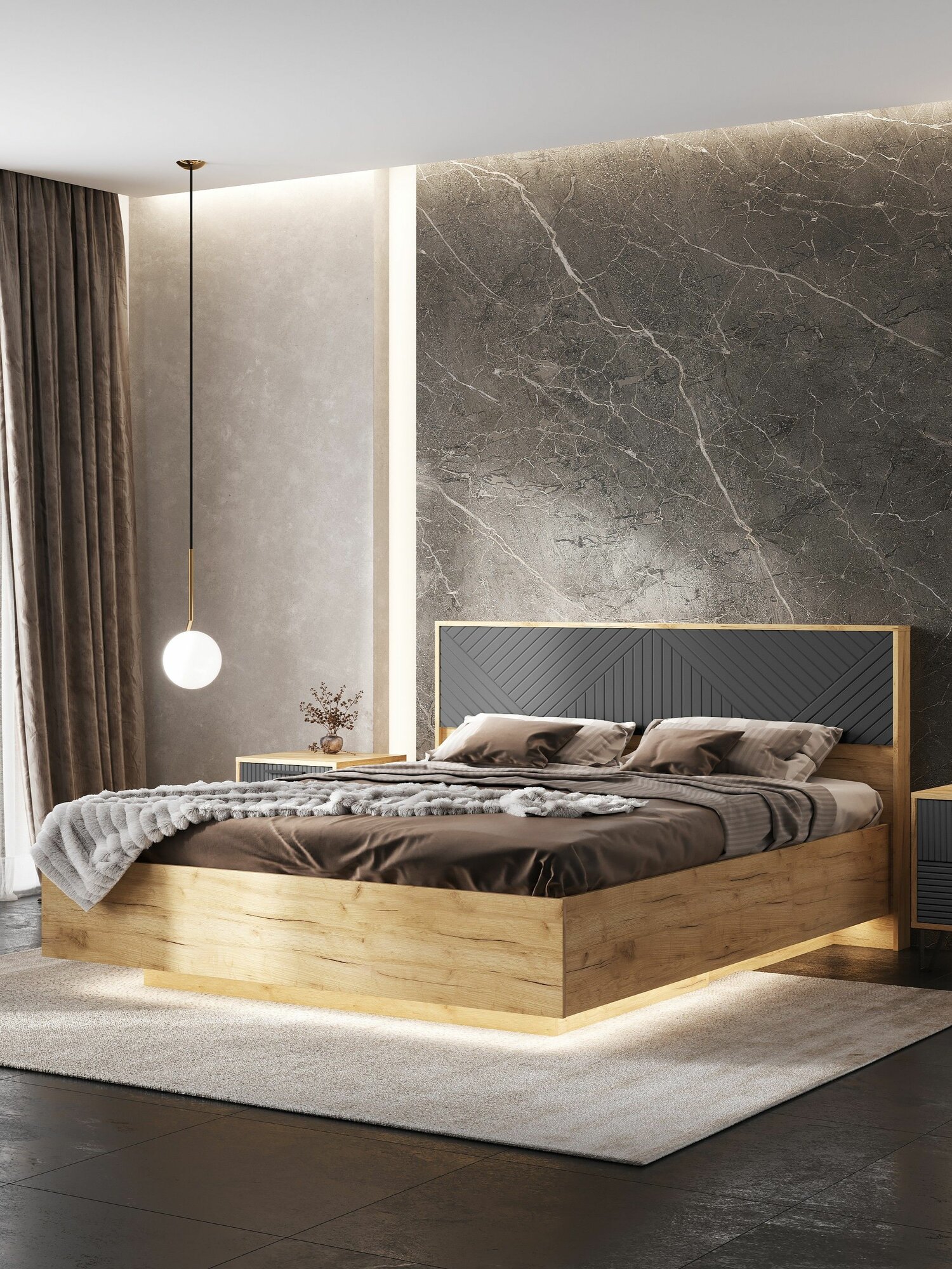 Кровать двуспальная 1,6 Флэш (Браш Графит, Дуб Крафт)