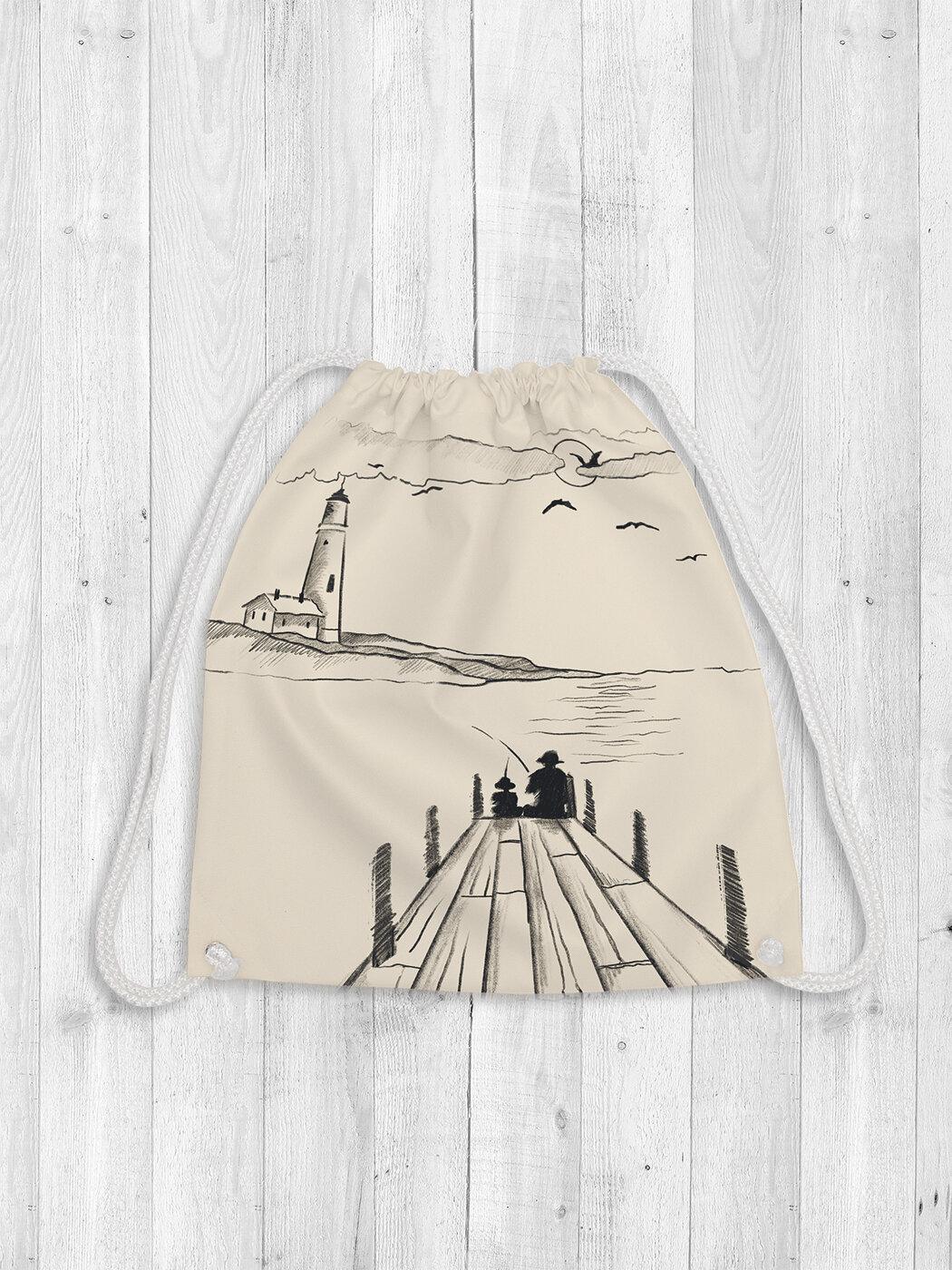 Сумка для сменной обуви и вещей JoyArty "Рыбалка с видом на маяк" рюкзак-мешок, 38x40 см