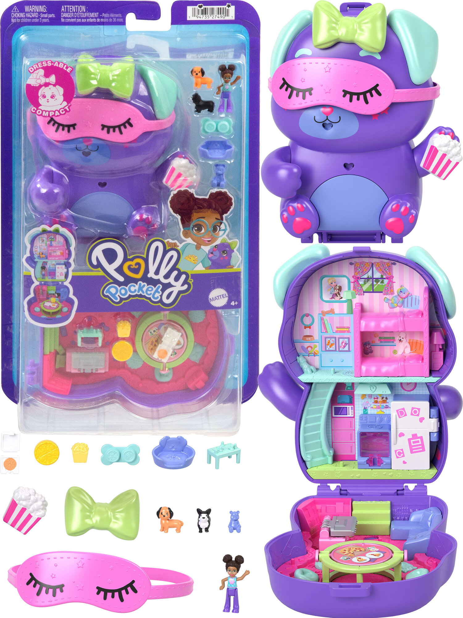 Игровой набор Polly Pocket с 1 микрокуклой и питомцем, игрушка для путешествий с едой и аксессуарами для укладки