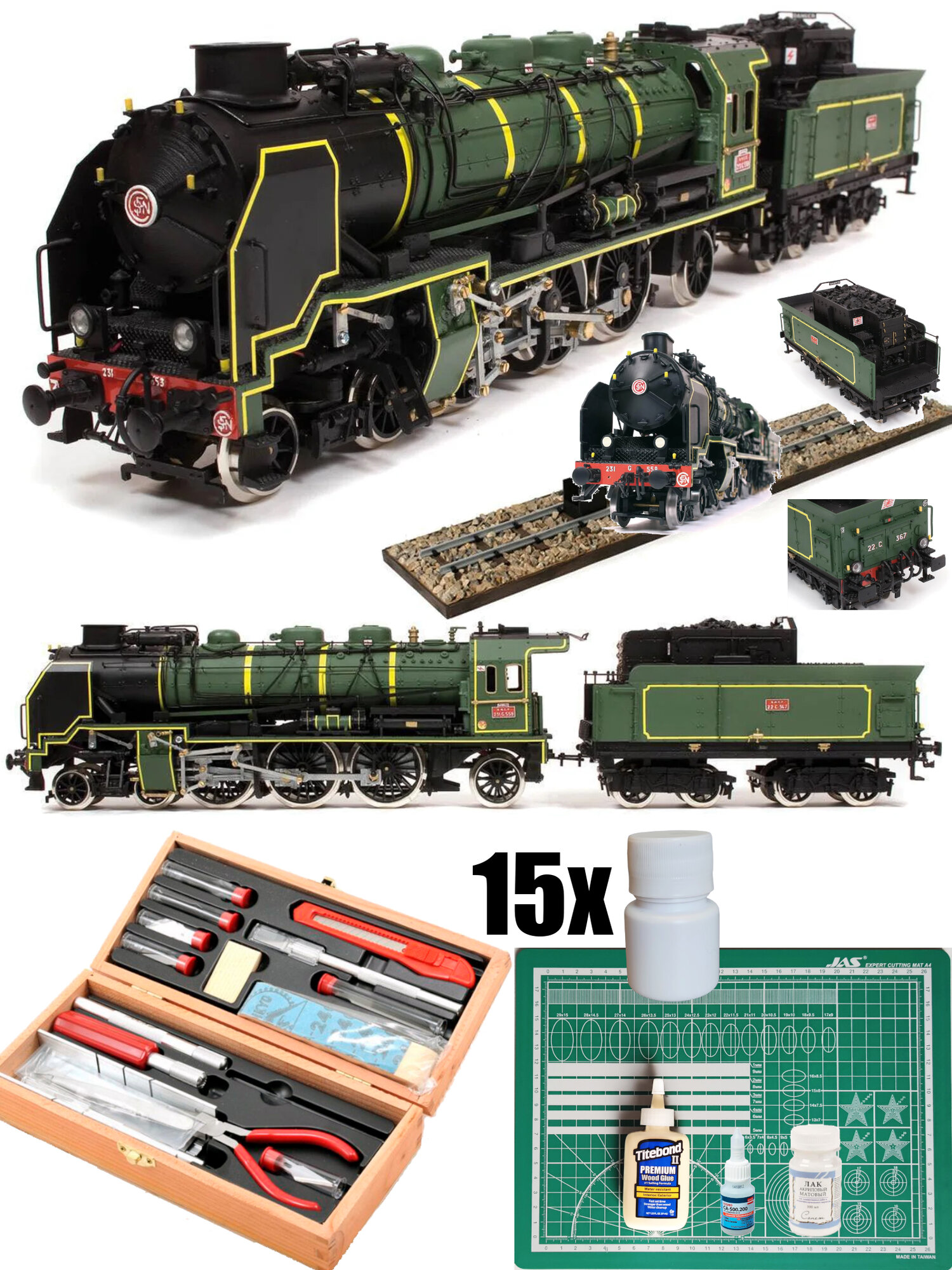 Модель паровоза OcCre, Pacific 231, 730х100х150 мм, М.1:32, подарочный набор, подставка, инструменты, краски, лак, клея
