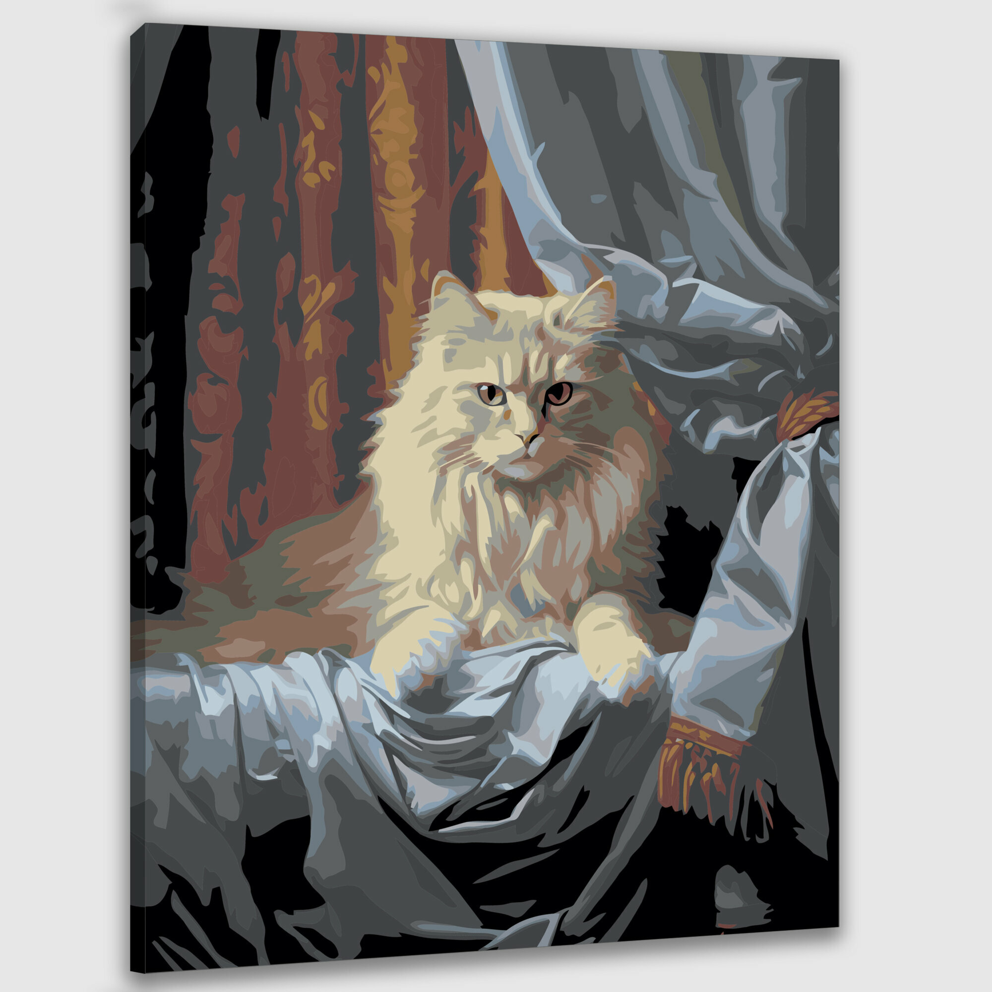 Картина по номерам 40x50 см, картина маслом, кошка мейн-кун, бархатная подушка, золотые рамы, драпировки, величие
