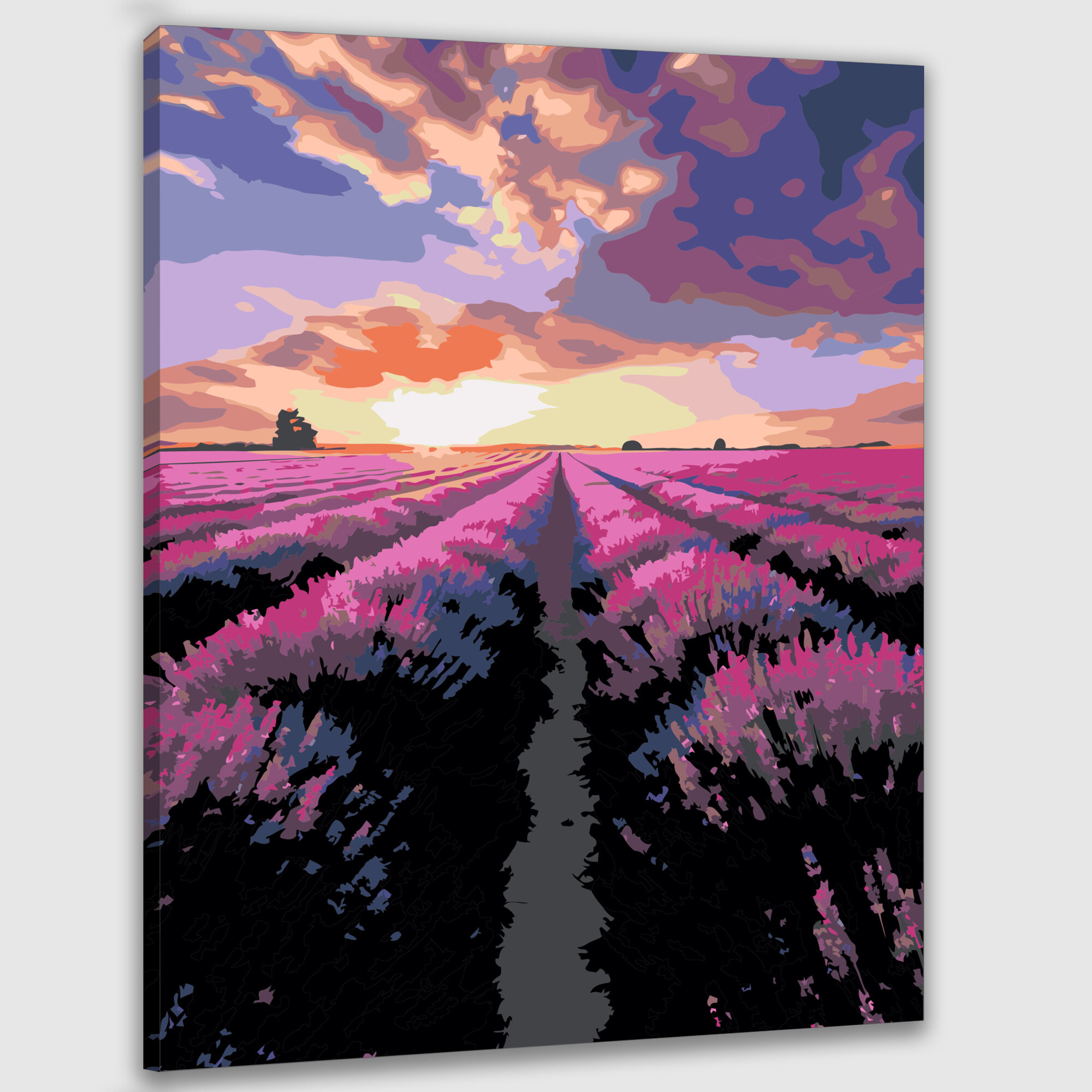 Картина по номерам 40x50 см, летний день, поляна лаванды, солнце, фиолетовые оттенки, зеленая листва, голубое небо