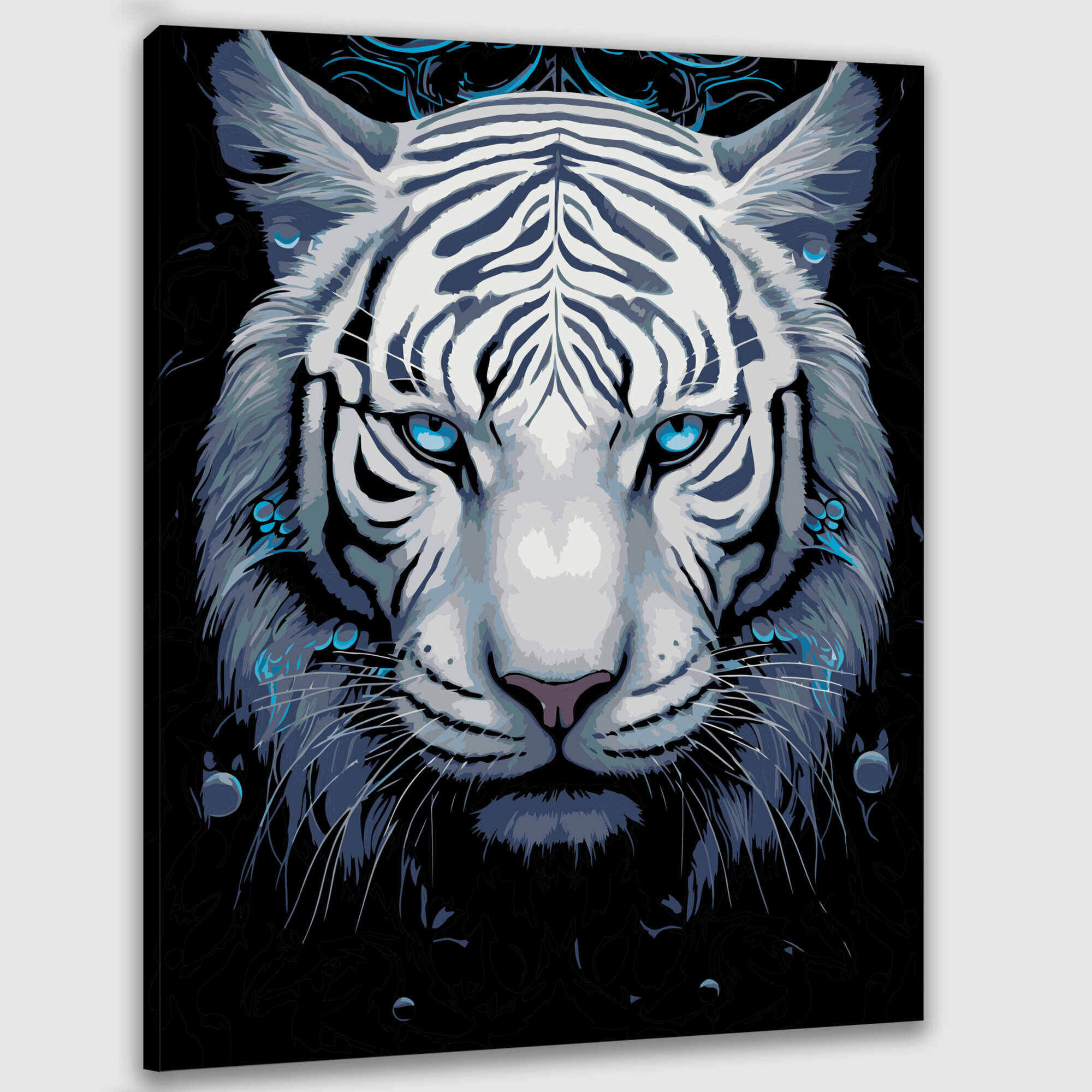 Картина по номерам 40x50 см, белый тигр, голубые глаза, узоры на мехе, рассеянное освещение, сила, грация