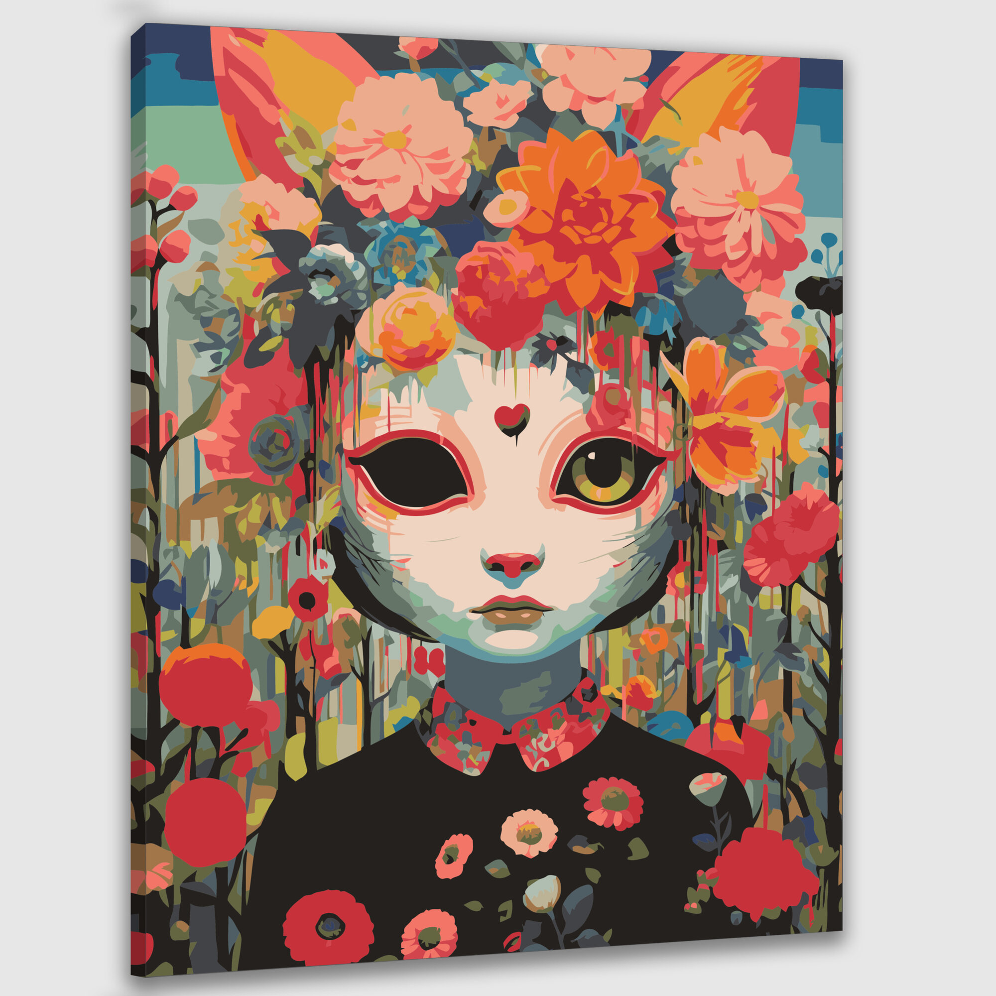 Картина по номерам 40x50 см, девушка, кошачья голова, маска, сюрреализм, сад, цветы, яркие краски, чудо, причудливость.