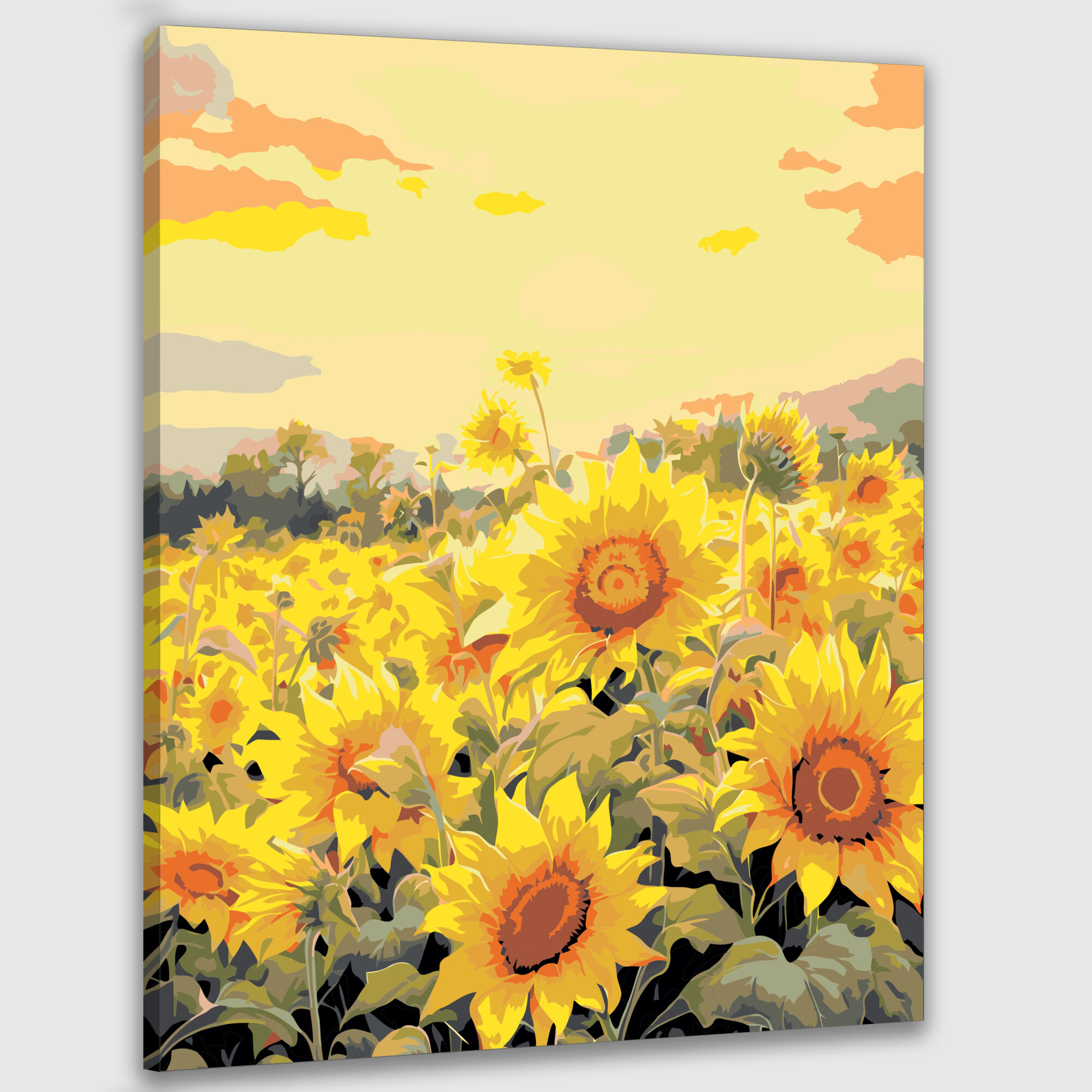 Картина по номерам 40x50 см, поле, подсолнухи, желтые лепестки, солнце, закат, сияние, тепло, радость, природа, красота