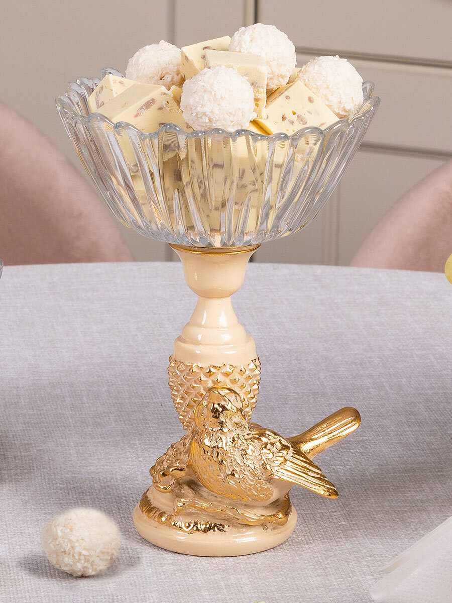 Фруктовница-конфетница из мрамора и стекла на ножке BOGACHO с птичкой