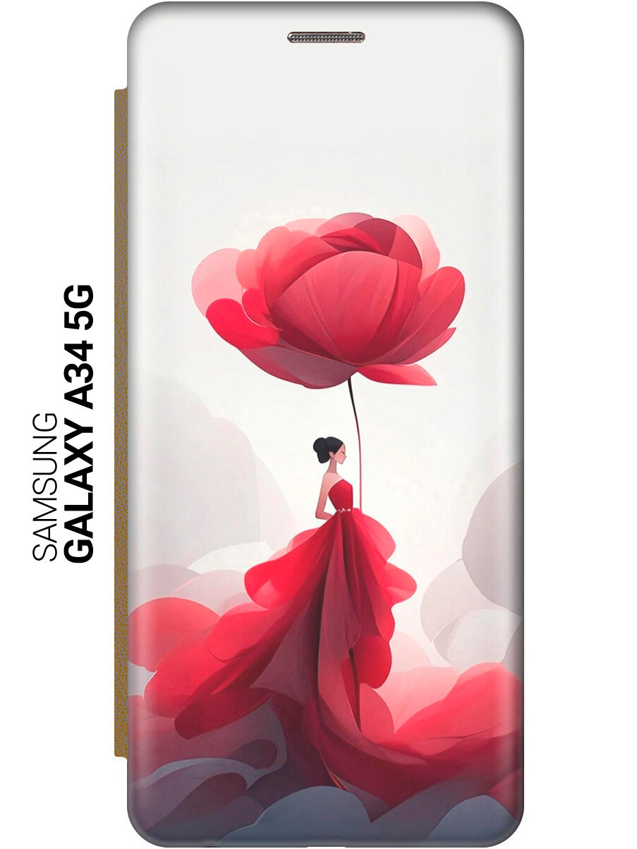 Чехол-книжка на Samsung Galaxy A34 5G / Самсунг А34 с рисунком "Цветочная девушка в красном" золотой